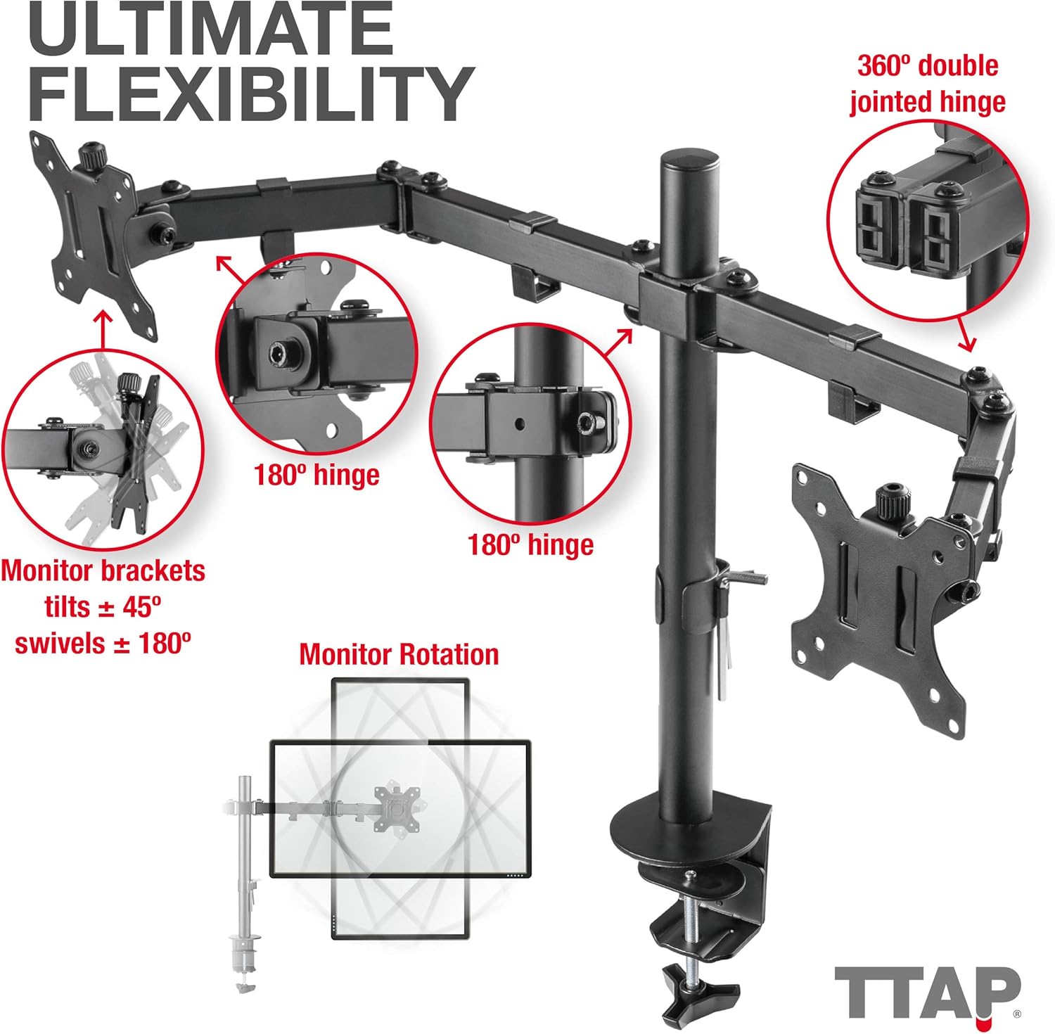 TTAP Monitor Mount for 13-27” Screens – Double Arm Desk Stand Bracket with Clamp – Ergonomic 90 ...