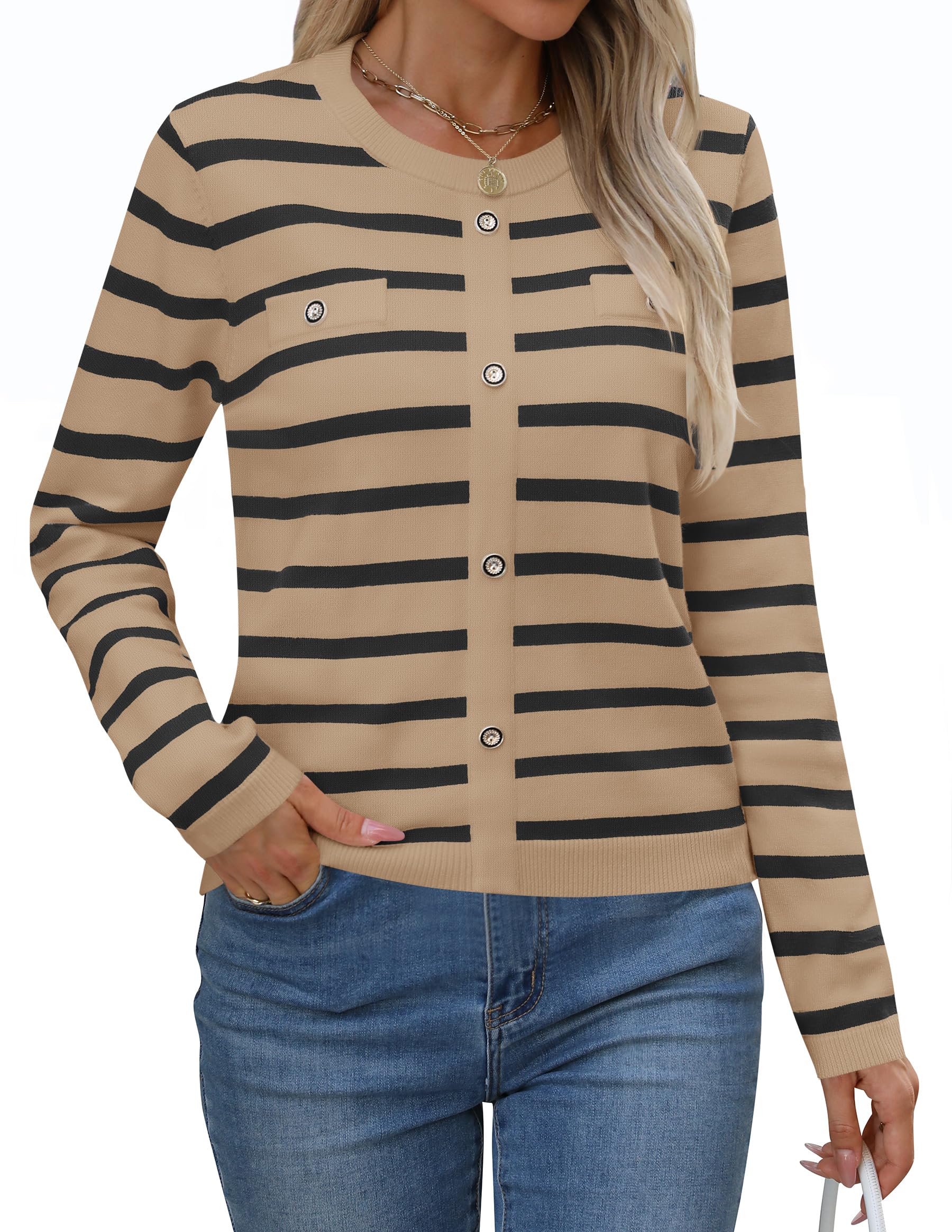 ZESICA Womens Long Sleeve Striped Sweaters Crewneck Ribbed Knit Shirts ...