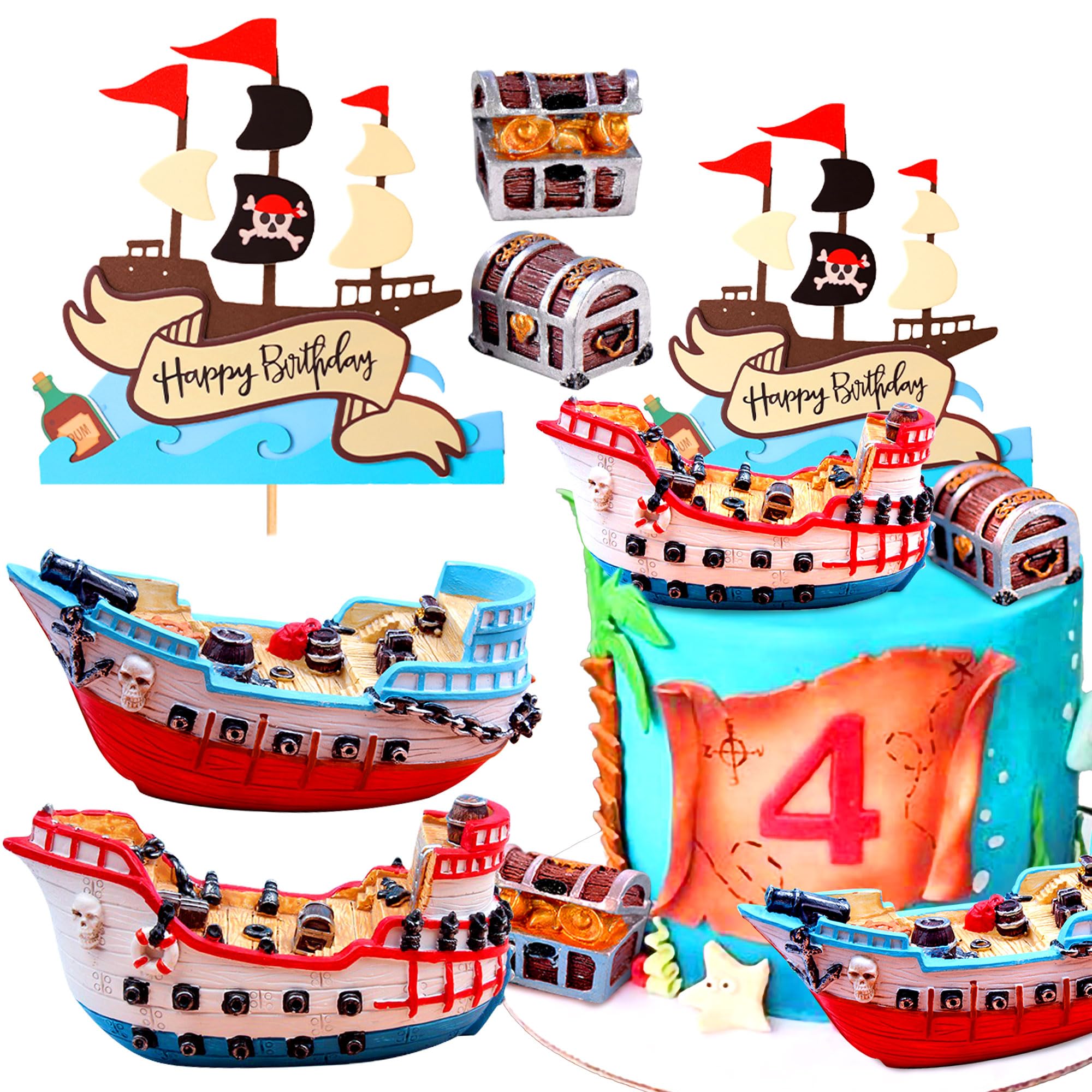 Pirate Ship Cake Topper Nautical Sailboat Model Decoration Set Gold ...