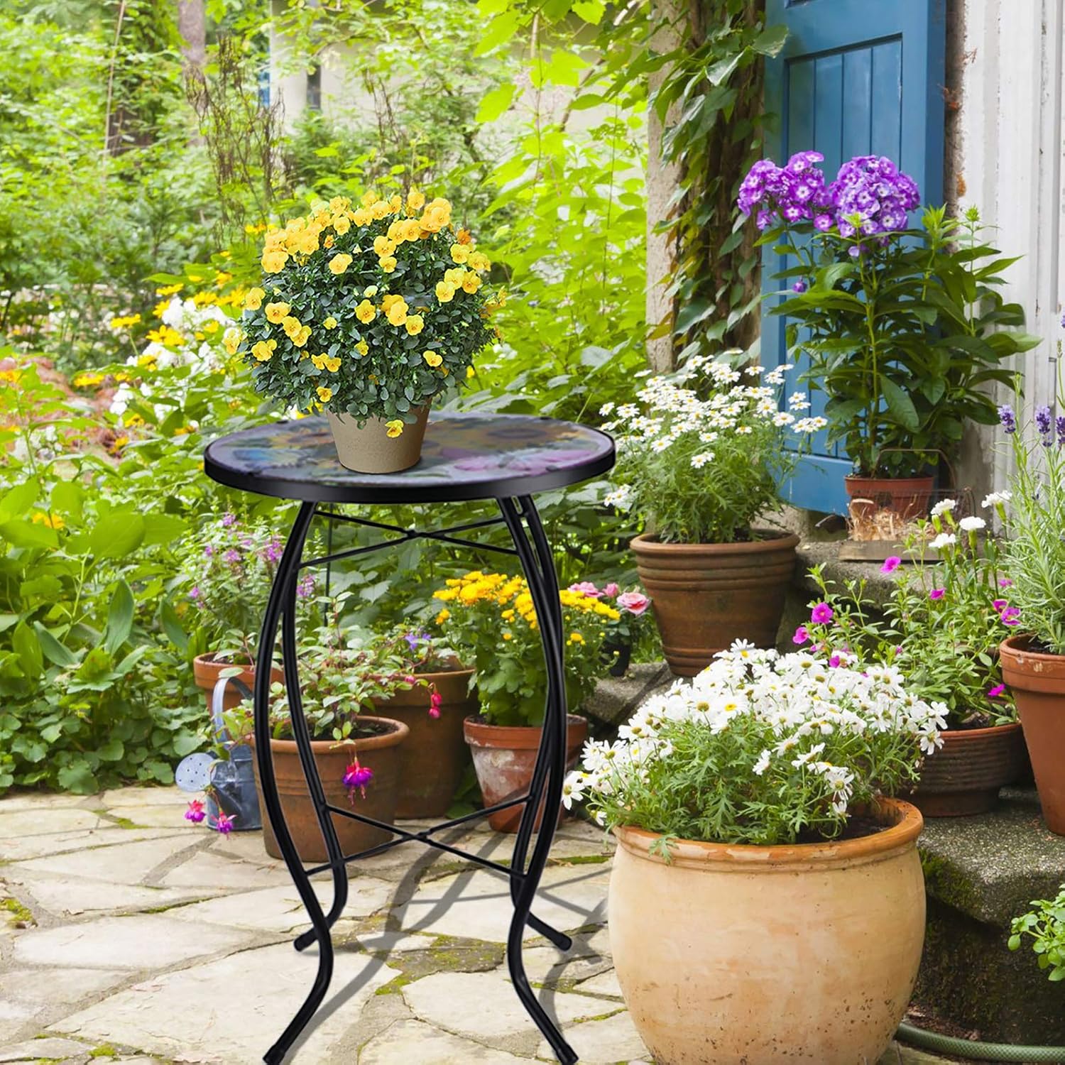 VCUTEKA Patio Side Table Plant Stands Outdoor Accent Table Small Mosaic ...