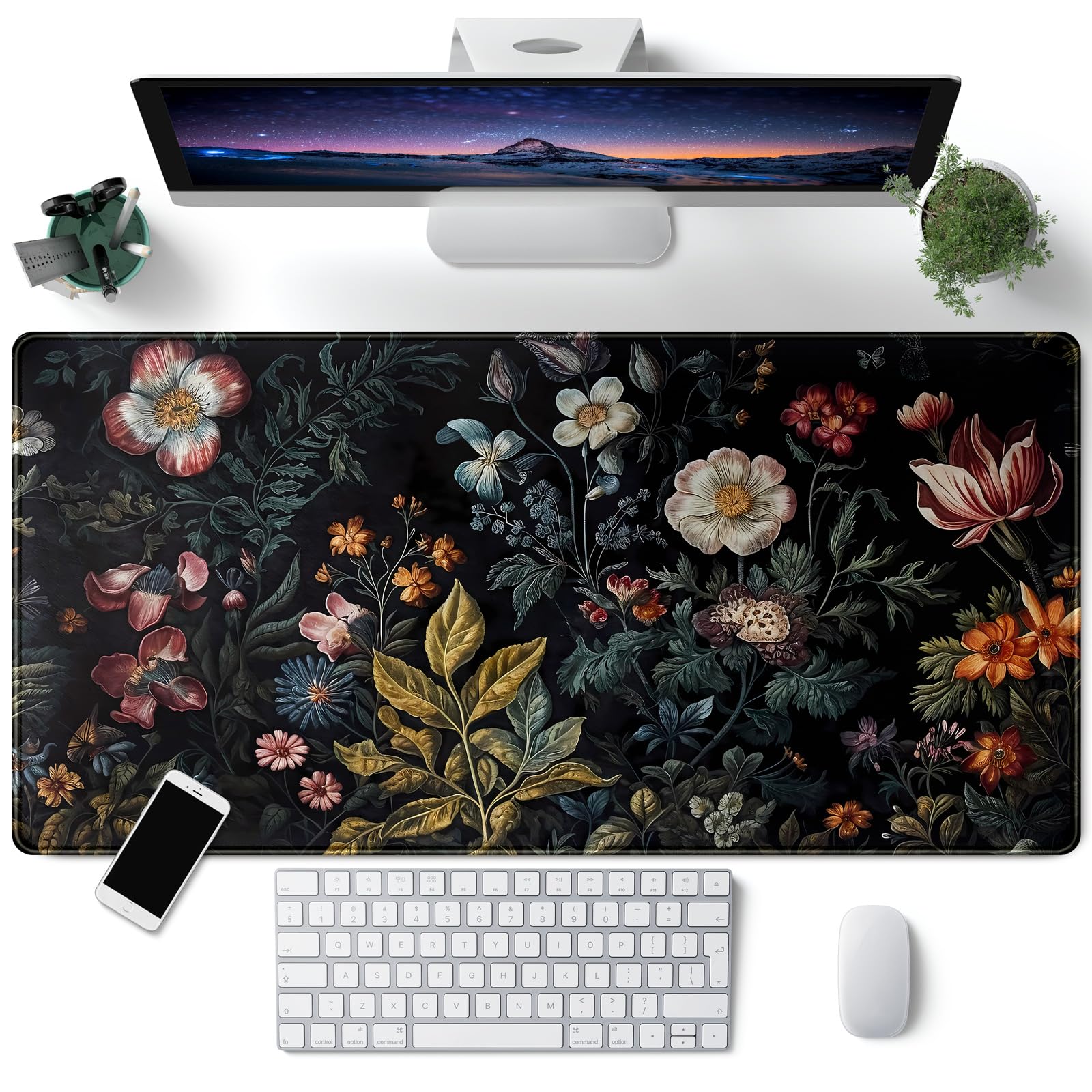 Floral Desk Mat Dark Vintage Aesthetic Desk Pad Flower Plant Black ...