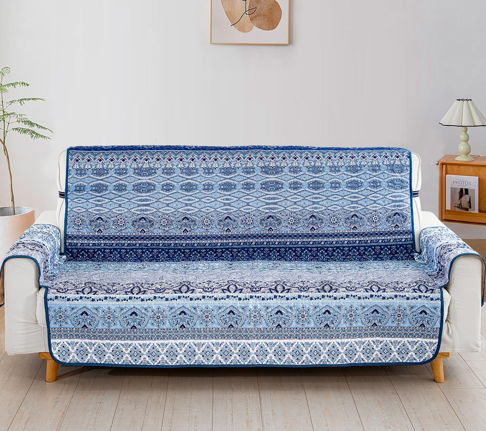 WONGS BEDDING Boho Sofa Cover, Light Blue Stripe Slipcover Couch Cover ...