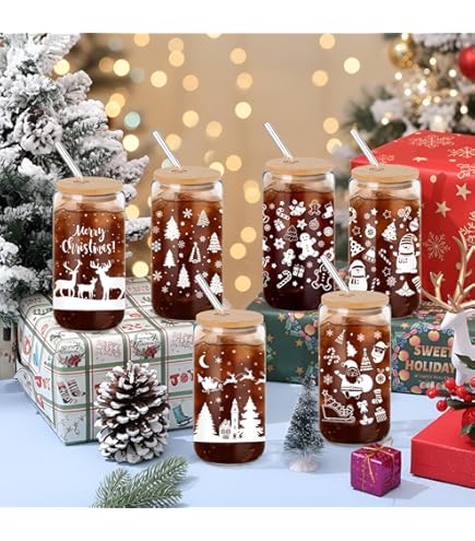 6-Pack Christmas Glass Cups 16oz With Lids & Straws - Snowman Snowflake ...