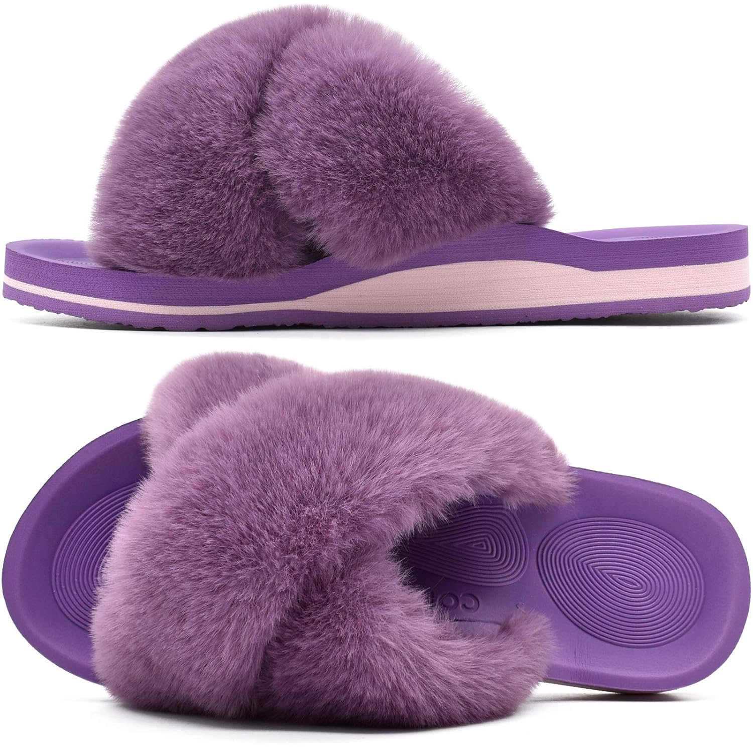 Buy COFACE Womens Fuzzy Slides Fluffy Fax Fur Cross Slippers Open Toe ...