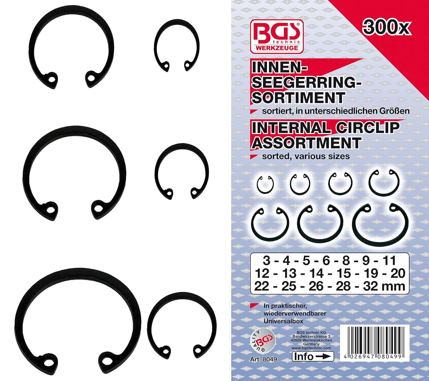 BGS 8049 Indoor Snap Ring/Retaining Ring Assortment, 3-32 mm, 300 ...