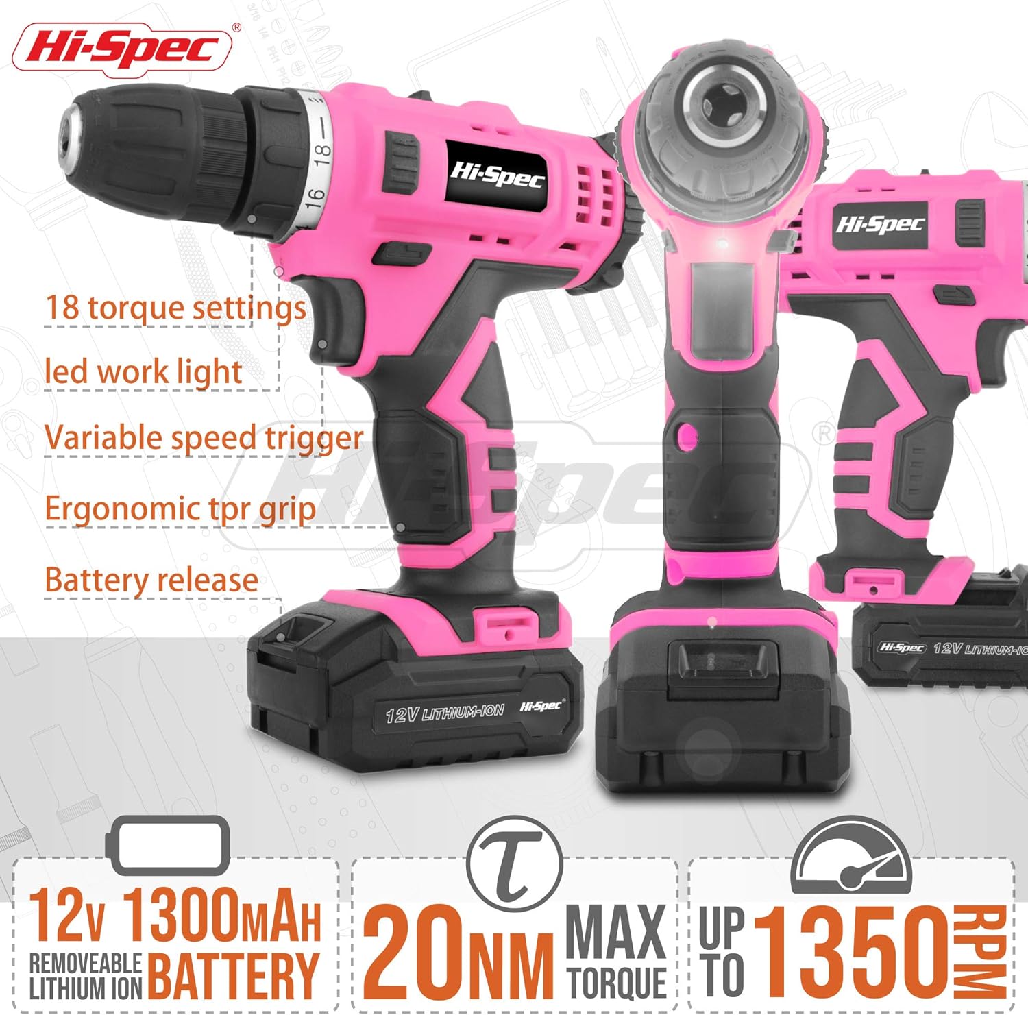 Hi-Spec 50 Piece 12V Pink Drill Driver & Multi Bit Set. High Speed ...