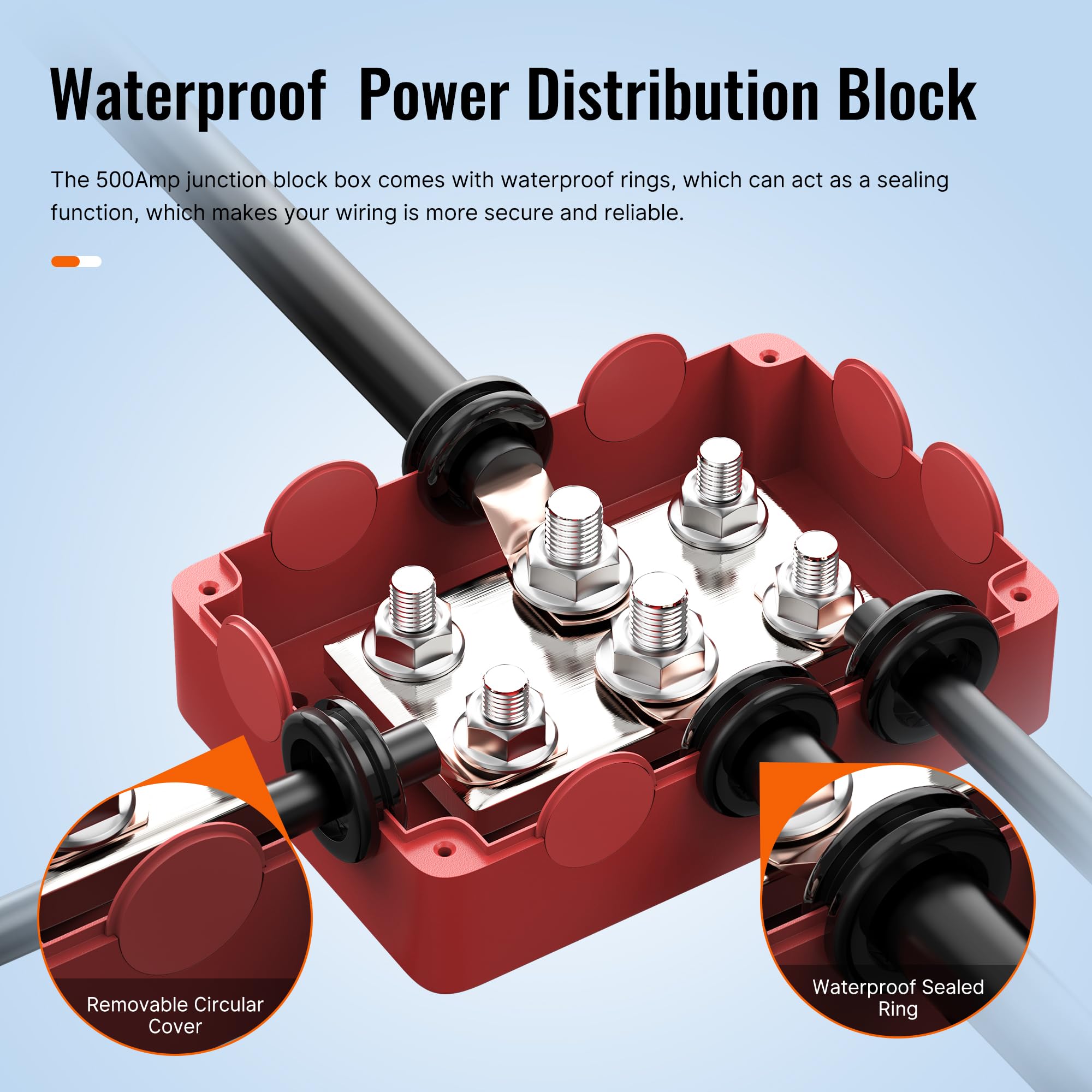Joinfworld Heavy Duty 500A Bus Bar Waterproof Power Distribution Block With 4*5/16"(M8)+2*3/8 ...
