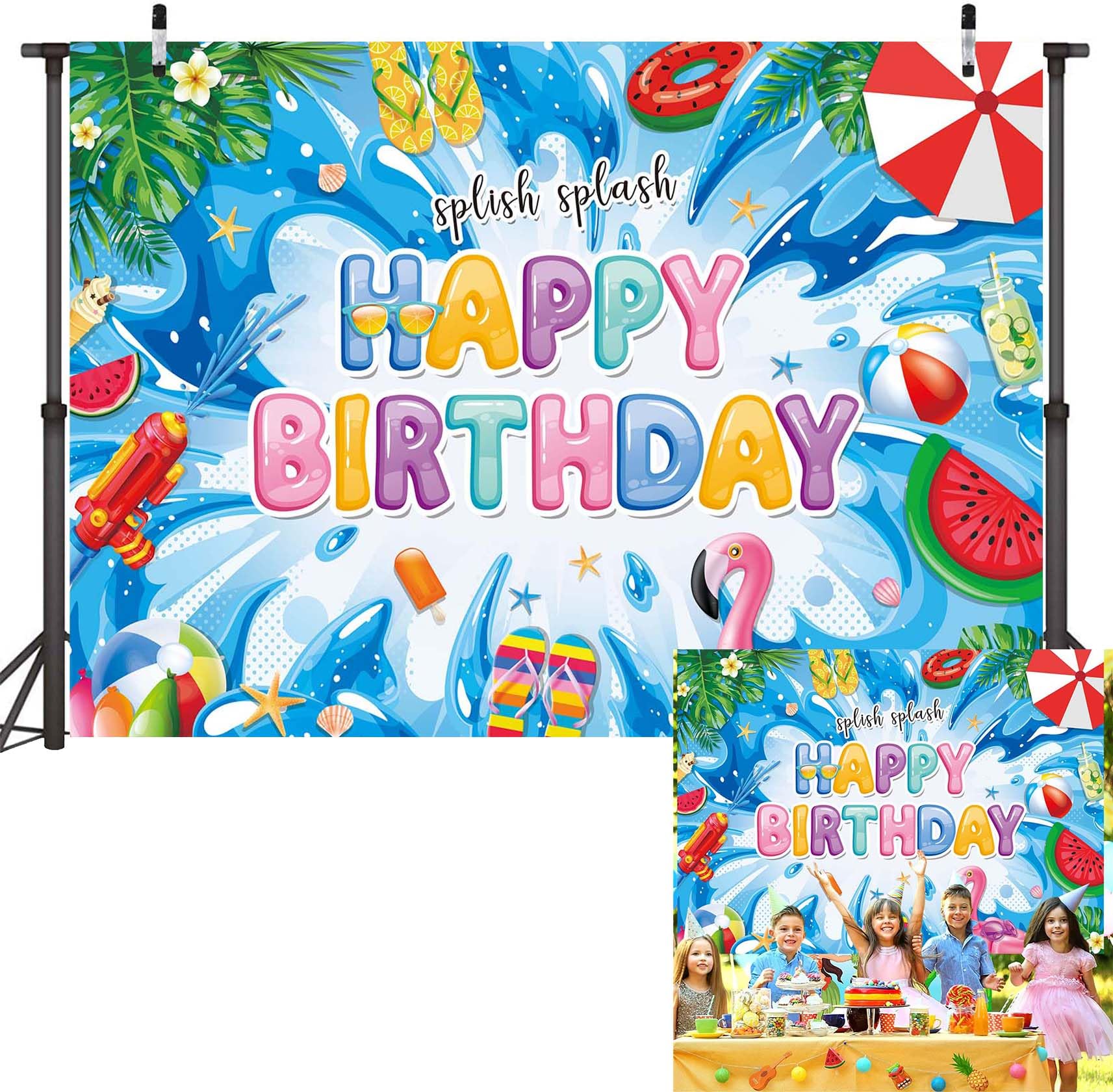 PGSWEER Summer Birthday Banner Backdrop 7x5FT Splish Splash Pool Party ...