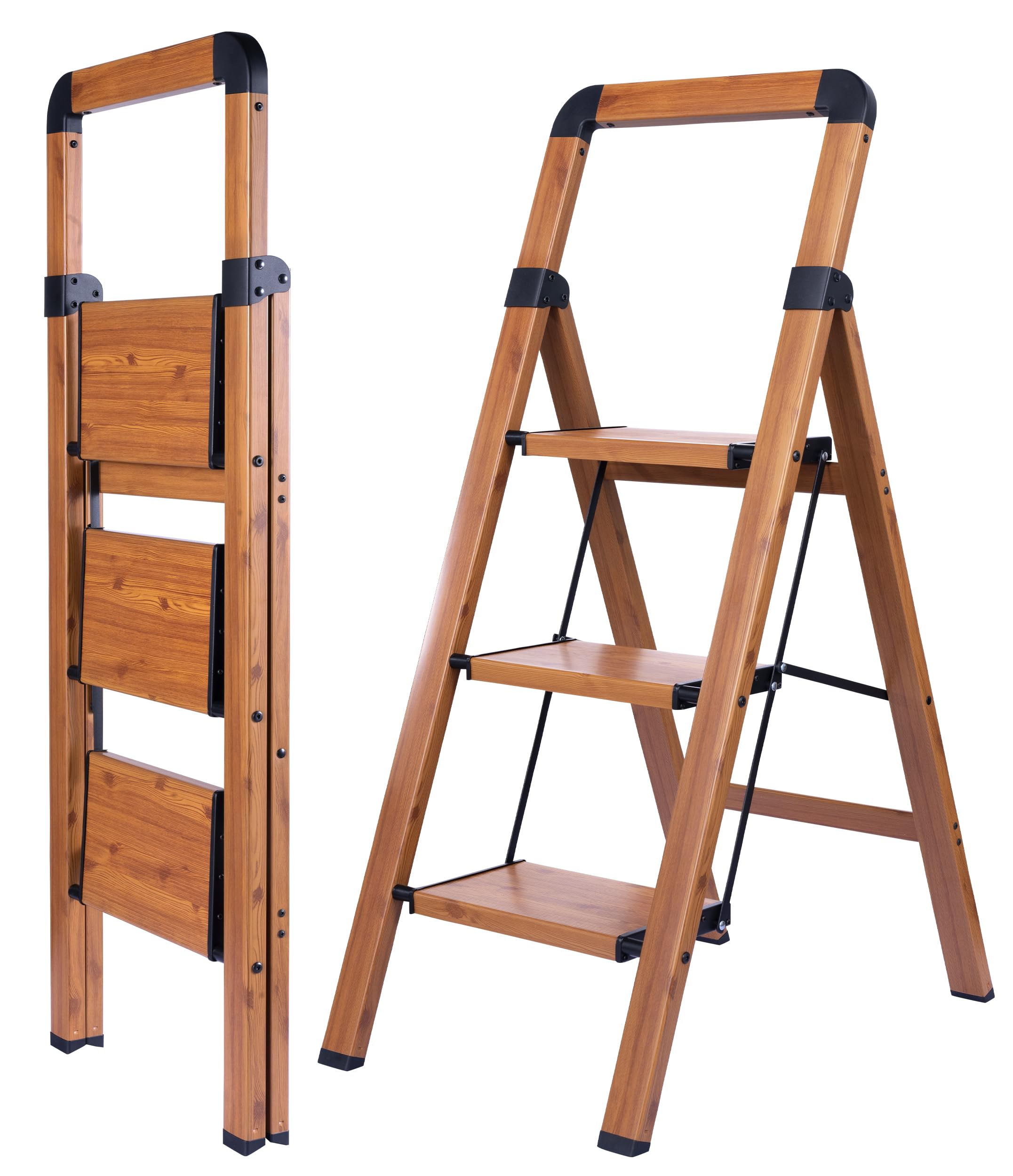 BIBKOKE Step Ladders Folding 3-Step Woodgrain Finish Aluminum Foldable ...