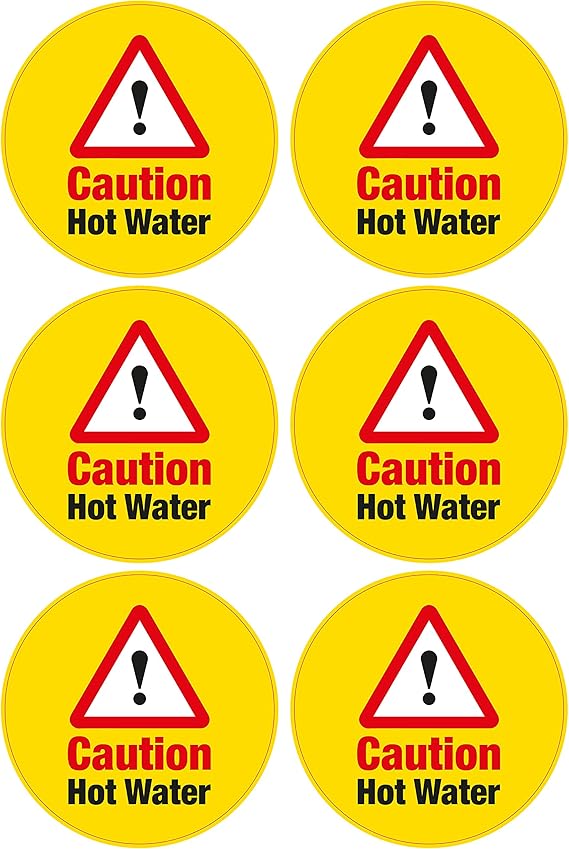 6 x Caution Hot Water Vinyl Sticker 65mm Hazard Warning Home Business ...