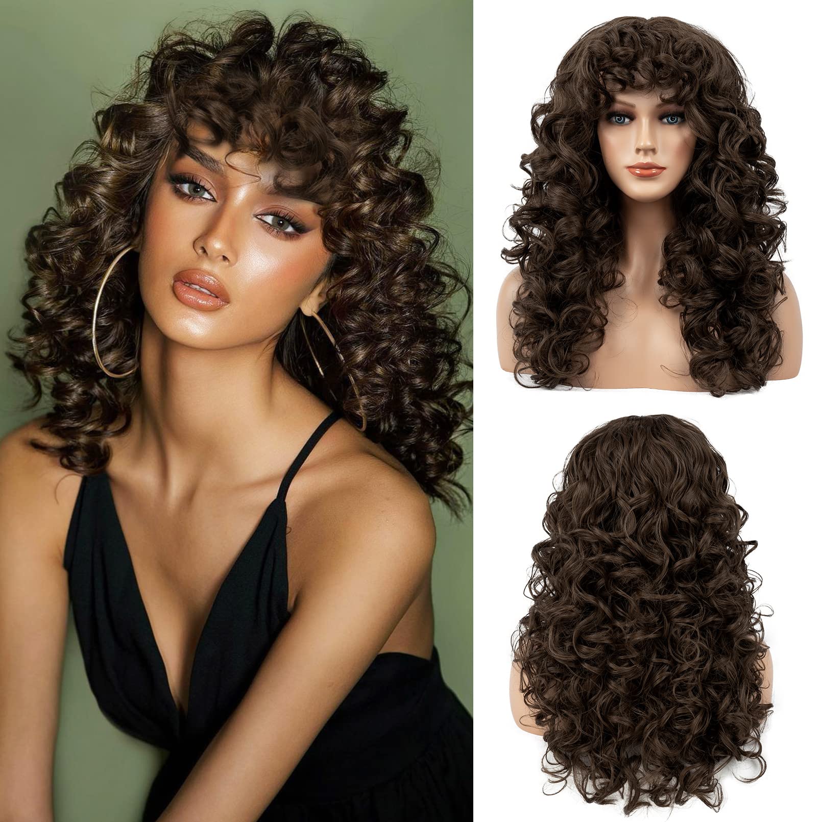 FLUFYMOOZ Curly Wig with Bangs for Black Women, 20 Inch Dark Brown ...
