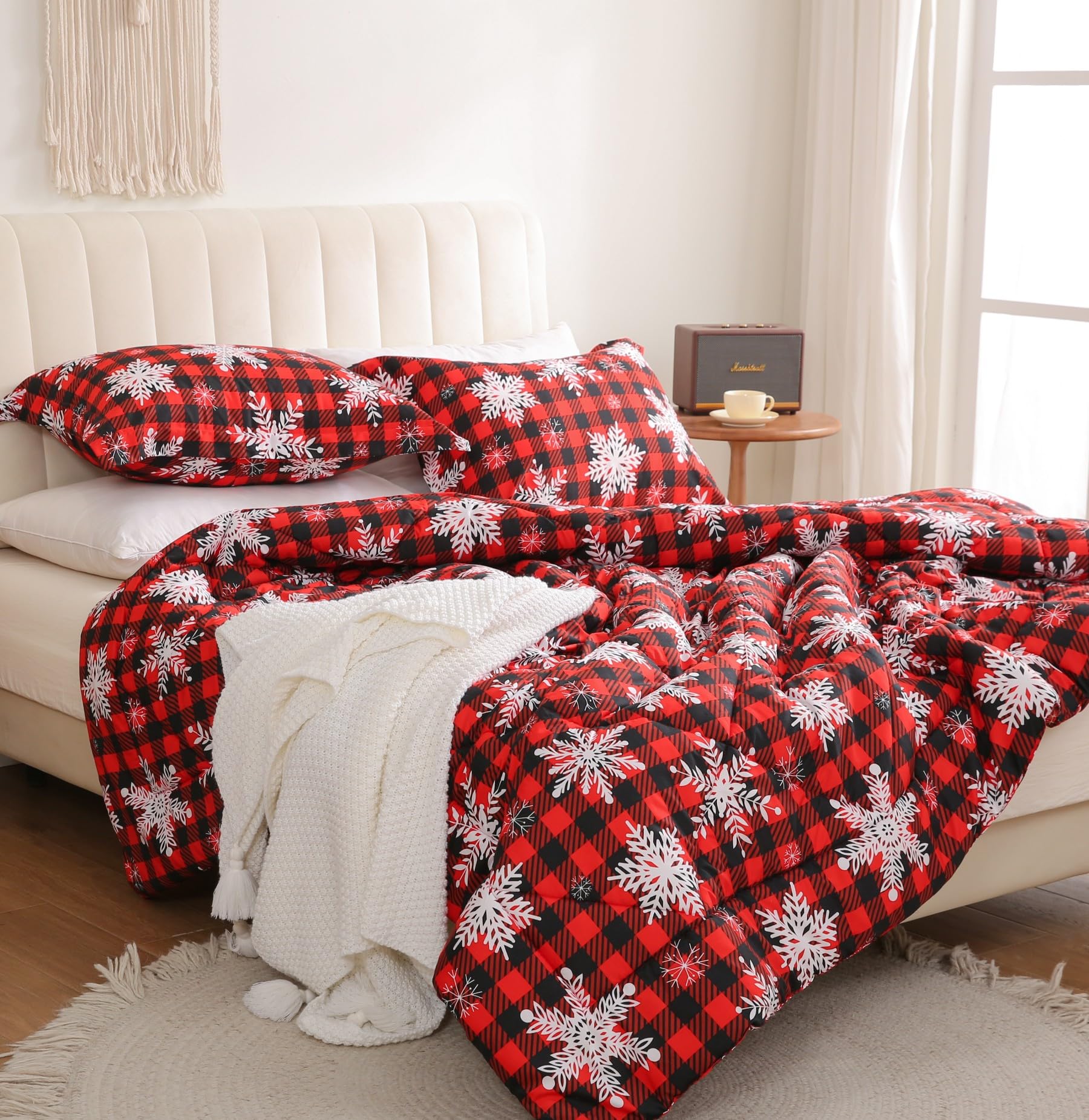 JSD Red Plaid Snowflakes Comforter Set King Size, 3 Piece Christmas ...