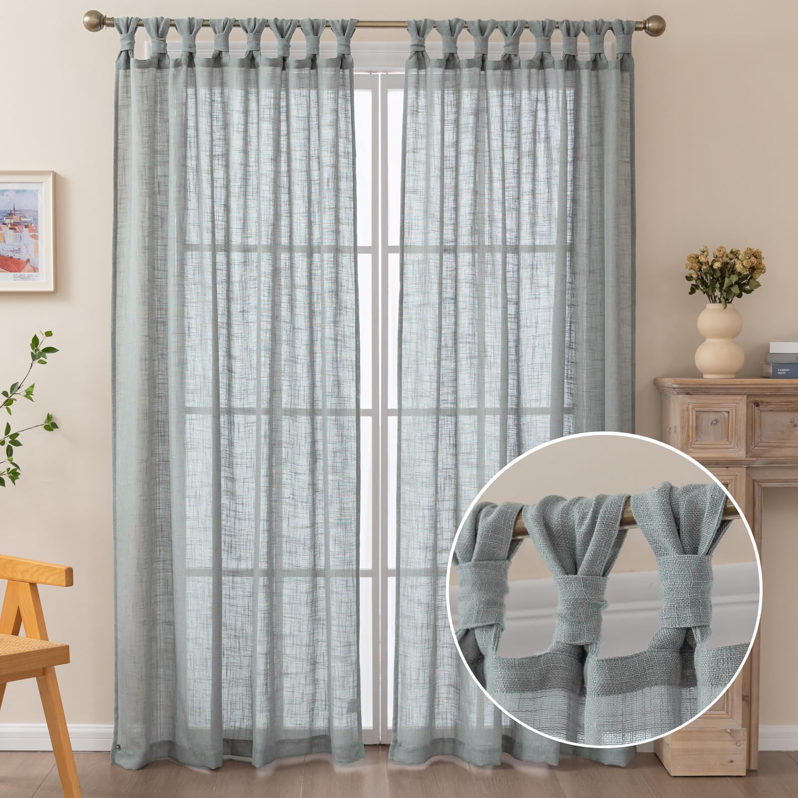 BRIGHTSHEER Grey Linen Curtain 2 Panels, Semi Sheer Inverted Pleat ...
