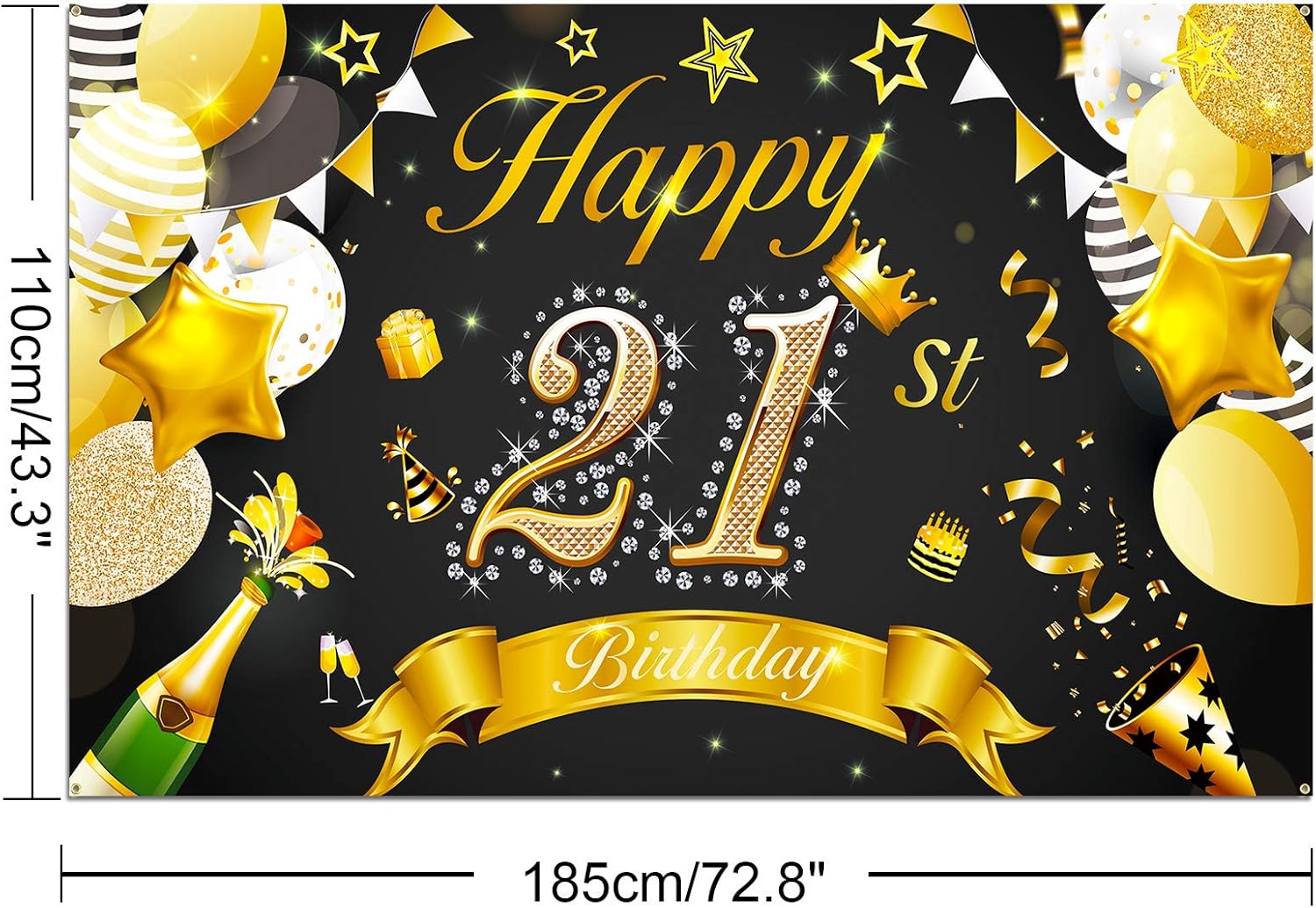 HOWAF Happy 21st Birthday Party Decoration Black and Gold, Fabric Banner for 21st Birthday Photo ...