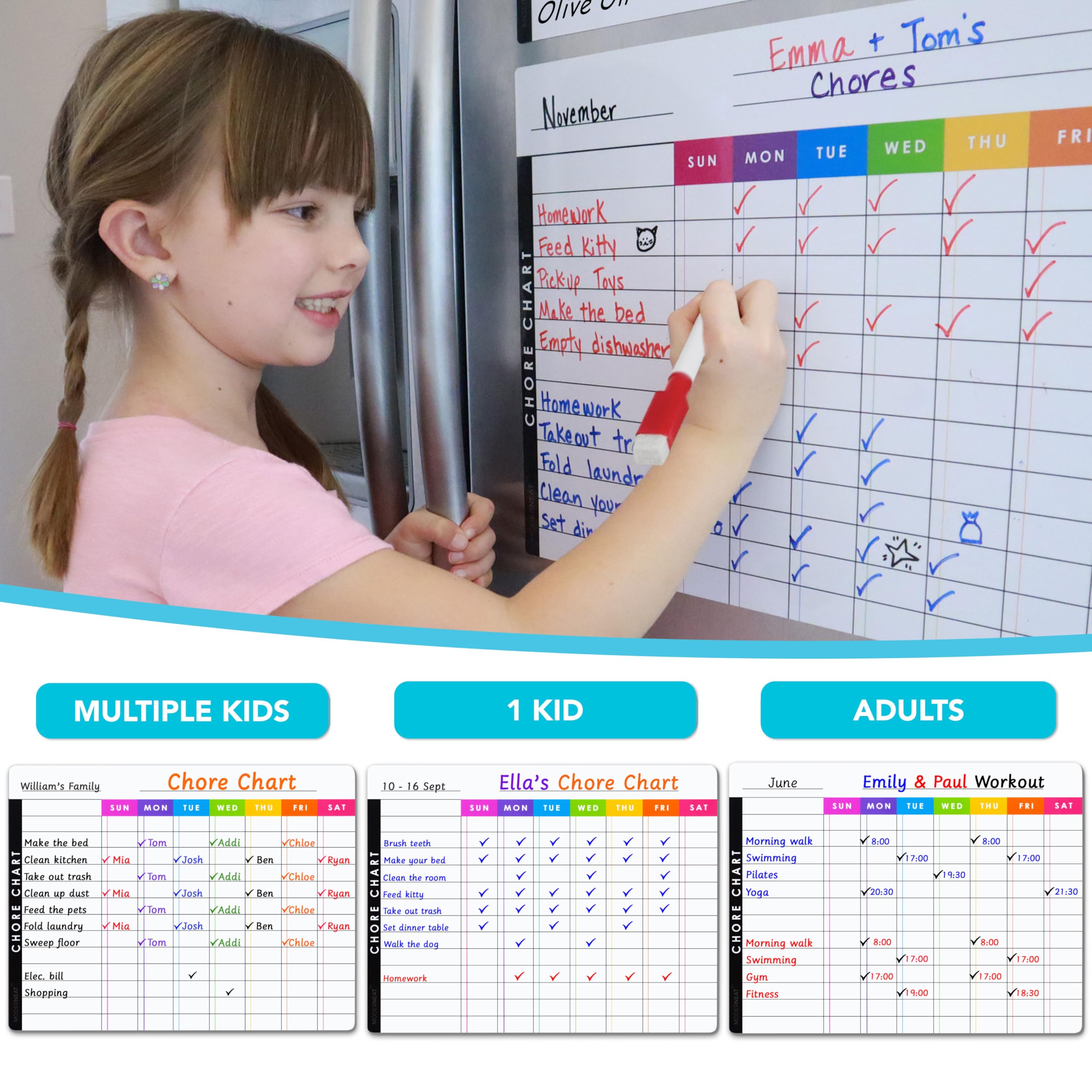 Magnetic Chore Chart Dry Erase Whiteboard Set - Pocket Charts For Multiple Kids, Teens & Adults ...