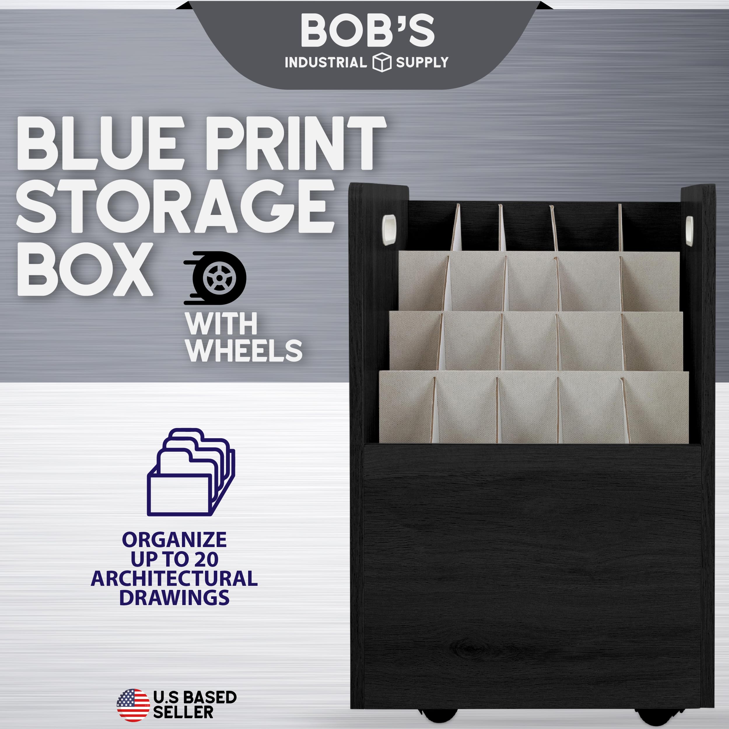 BISupply Blueprint Holder Map Storage On Wheels - 20 Slot Black Rolled ...