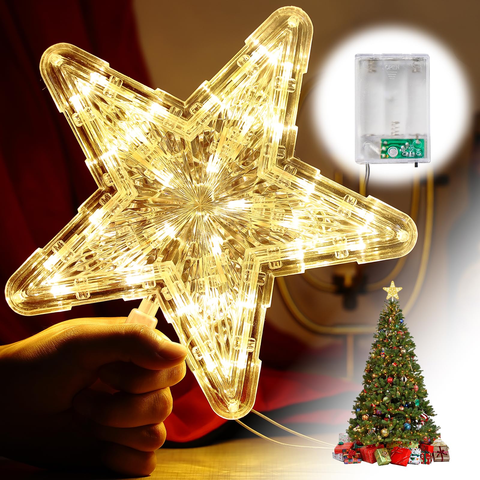 Lighted Christmas Tree Star Topper with Tree Topper Stabilizer Holder ...
