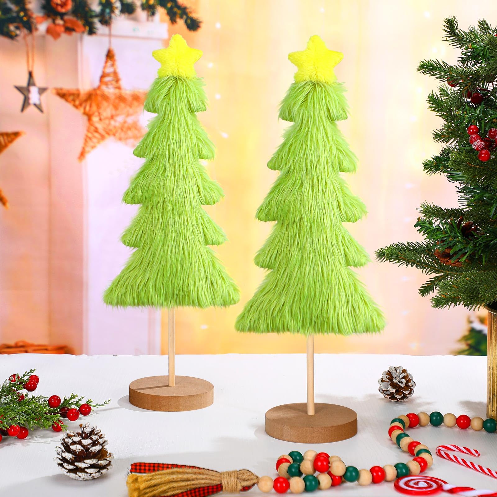 RattanView 2Pcs Lime Green Furry Christmas Trees Tabletop Decor Green ...