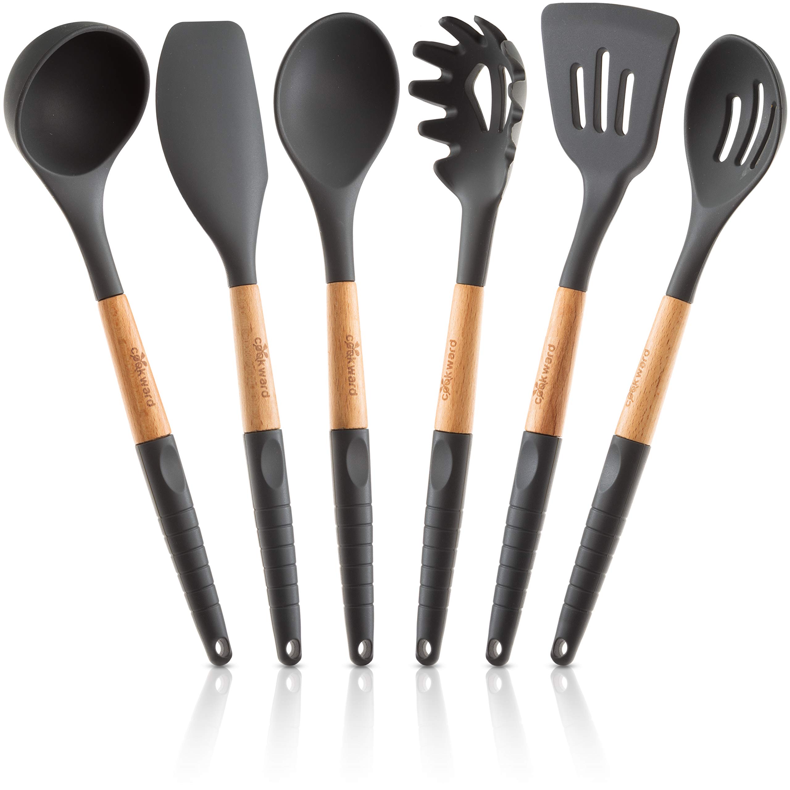 Silicone Cooking Utensils Set (6 pcs): Natural Wood Kitchen Utensils ...