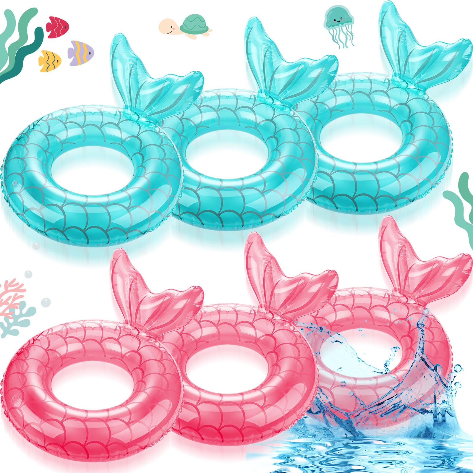 Junkin 6 Pcs Inflatable Swim Float Mermaid Tail Pool Floaties Mermaid ...