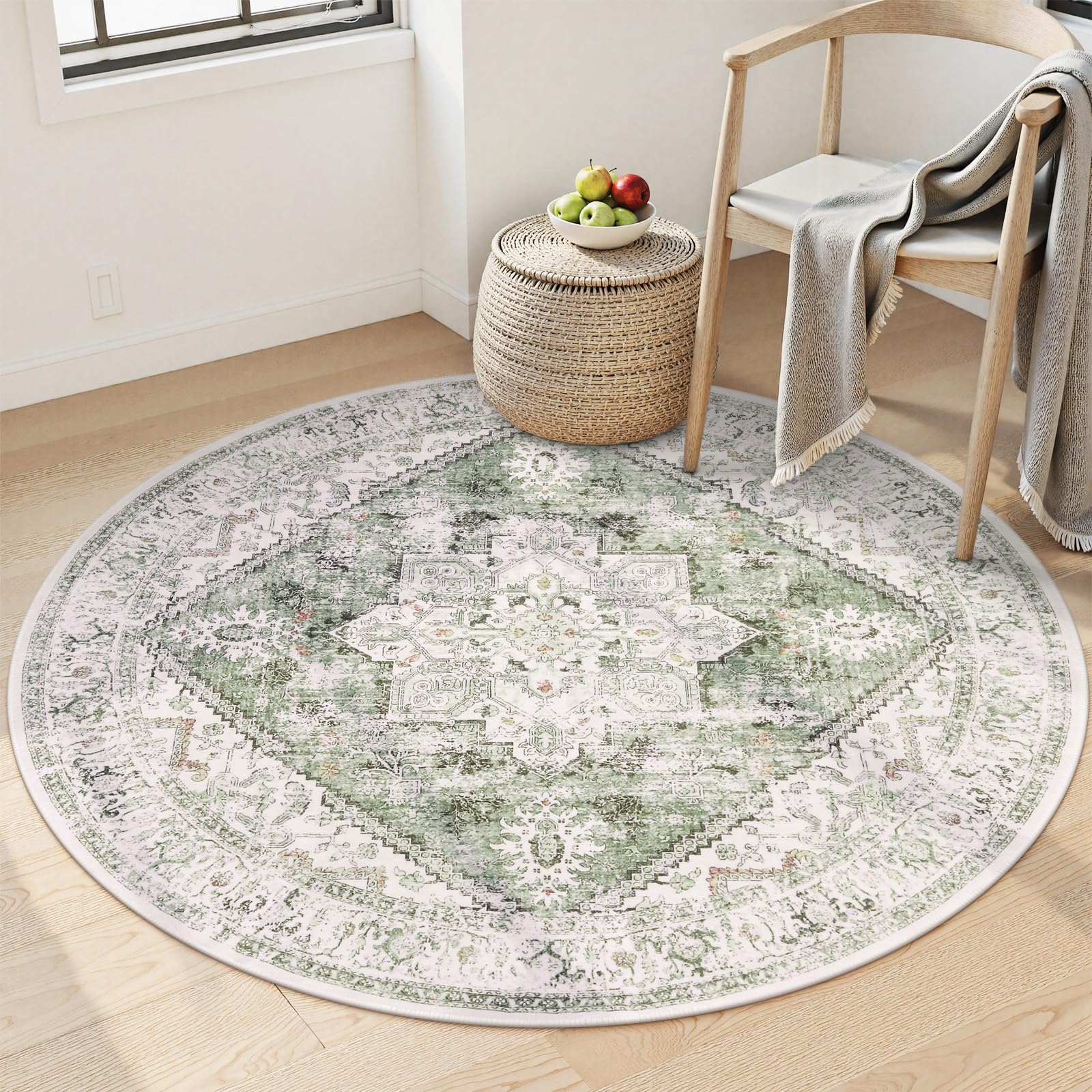LIVEBOX Sage Green Round Rug 4ft, Vintage Tribal Circle Rug for ...