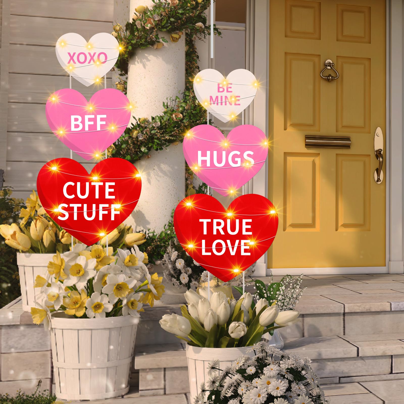 Menkxi 6 Pcs Valentine Yard Sign with Light Heart Garden Stakes Outdoor ...