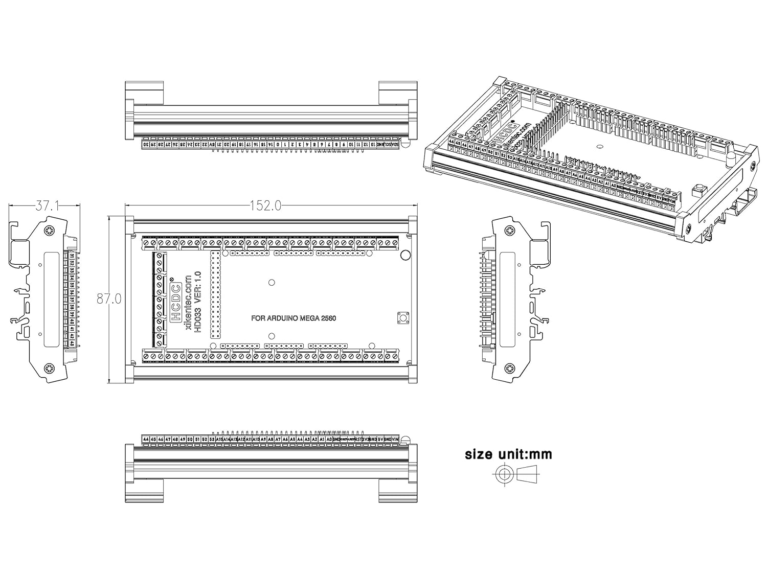 DIN Rail Mount Pinout Breakout Terminal Block Module for Arduino MEGA ...