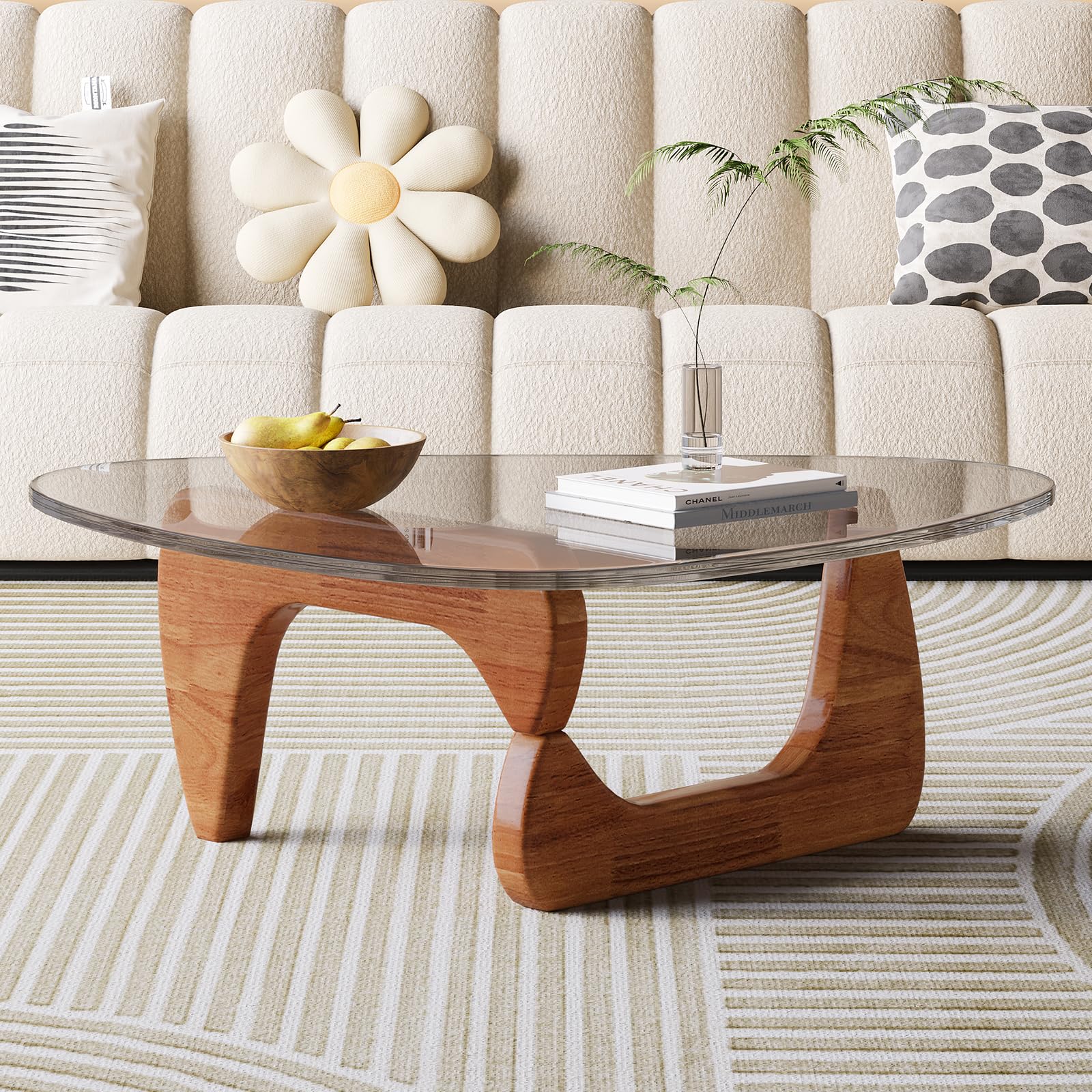 Triangle Glass Coffee Table, Mid Century Solid Wood Base and Modern ...