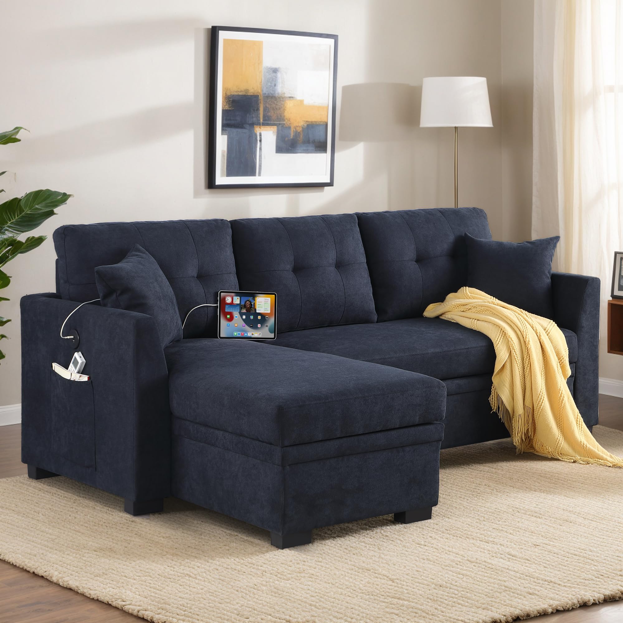 L-Shaped Corner Reversible Sleeper Sectional Sofa, Modern Velvet Upholstered Tufted Sofa&Couch ...