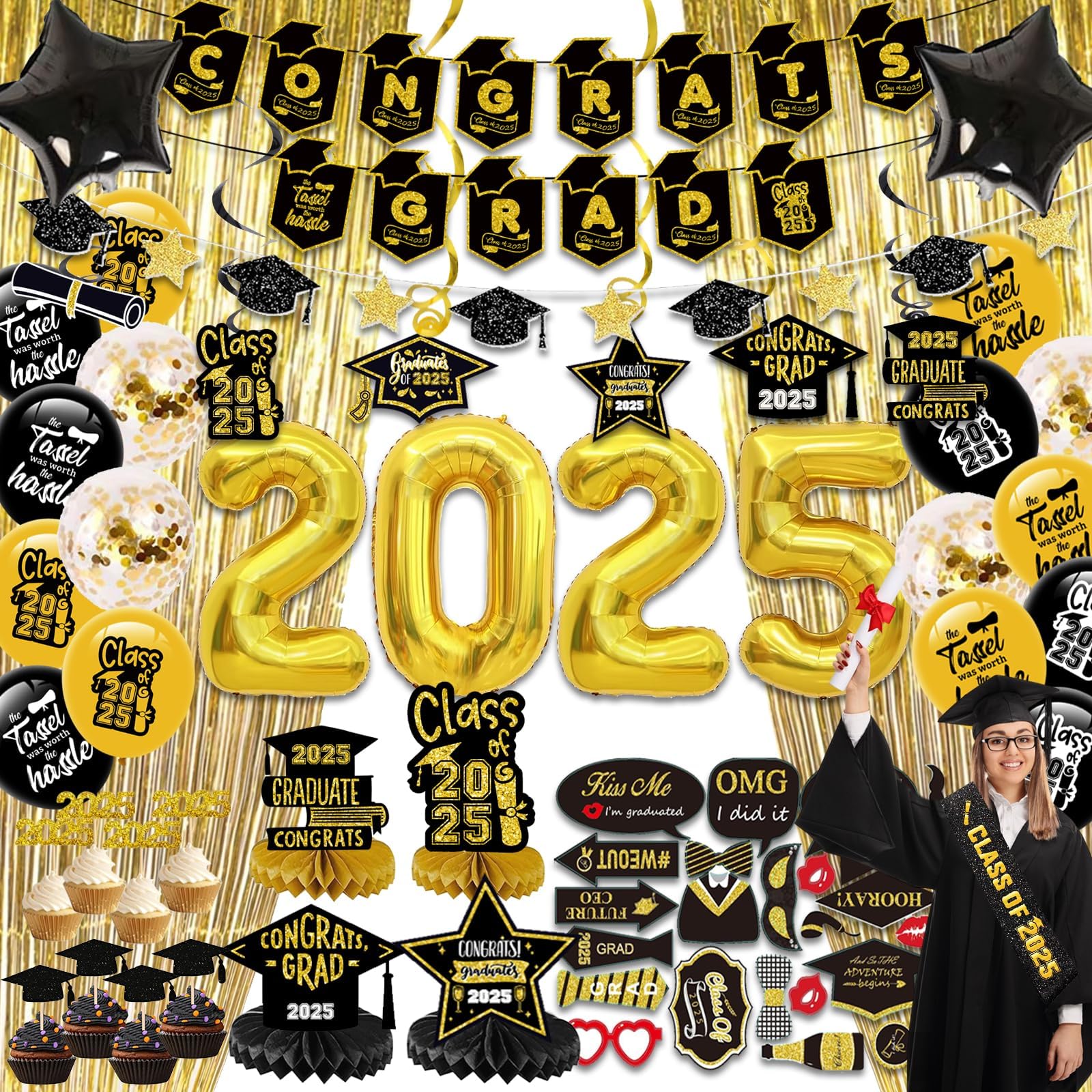 Graduation Decorations 2025-Black and Gold Graduation Party Decorations ...
