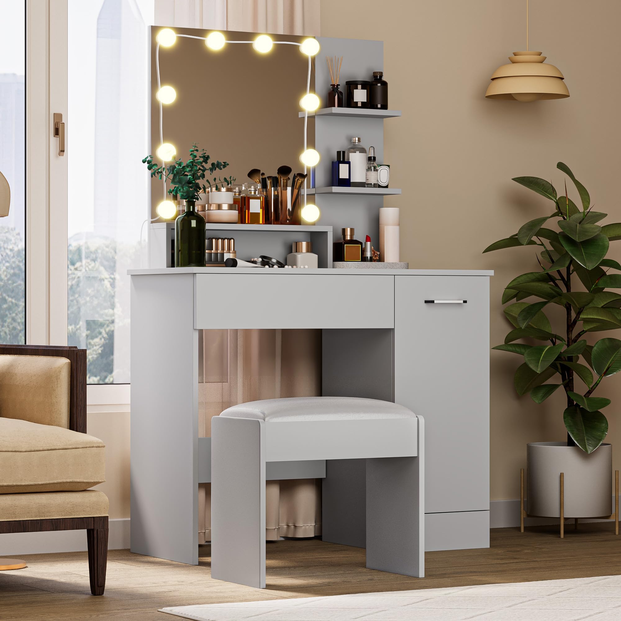 Mua Grey Vanity Table with DIY Lighted Mirror, Makeup Vanity Table Set ...