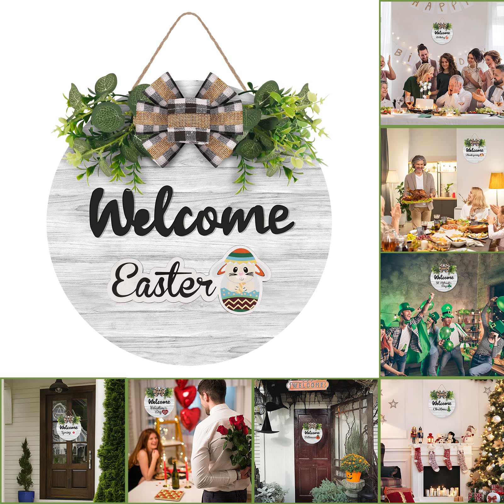 RoseCraft Interchangeable Wooden Seasonal White Welcome Sign, Rustic ...