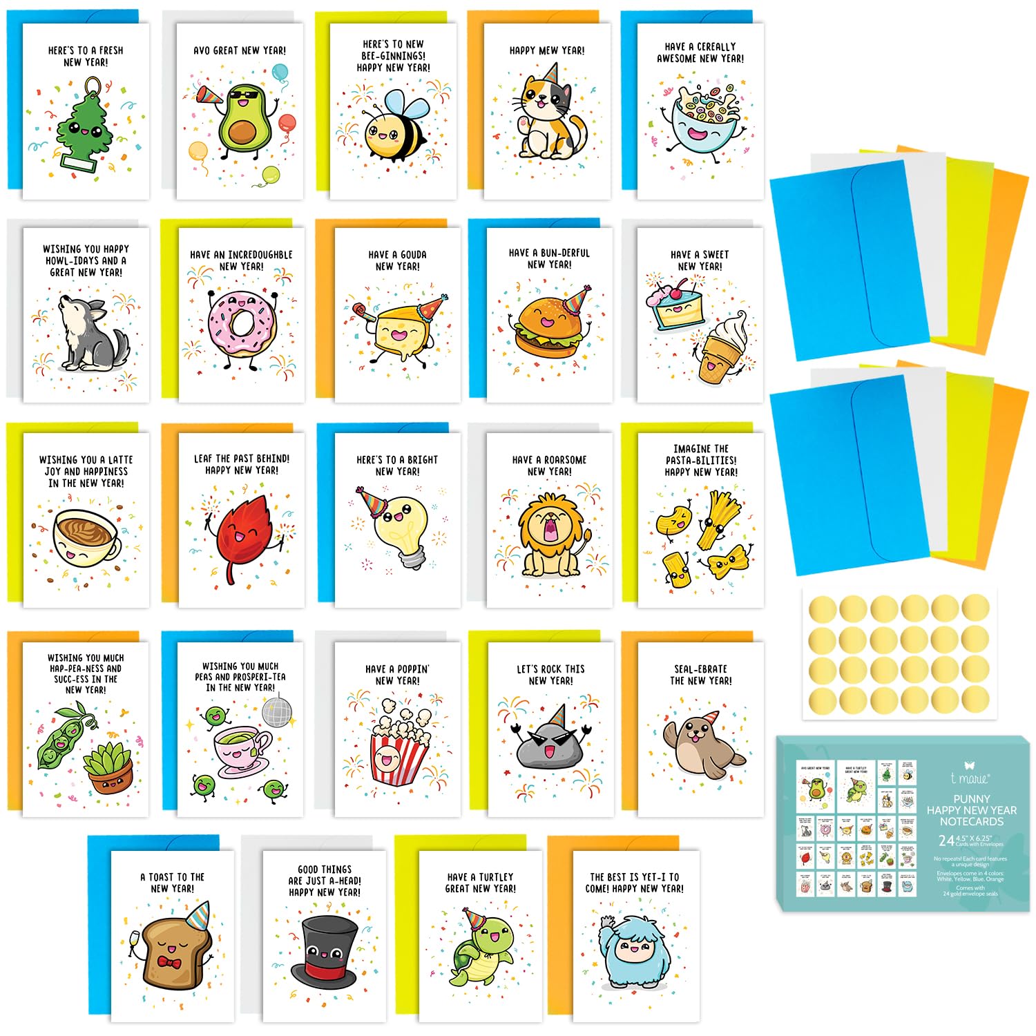 T MARIE 24 Funny Happy New Year Cards Set With Colorful Envelopes and ...