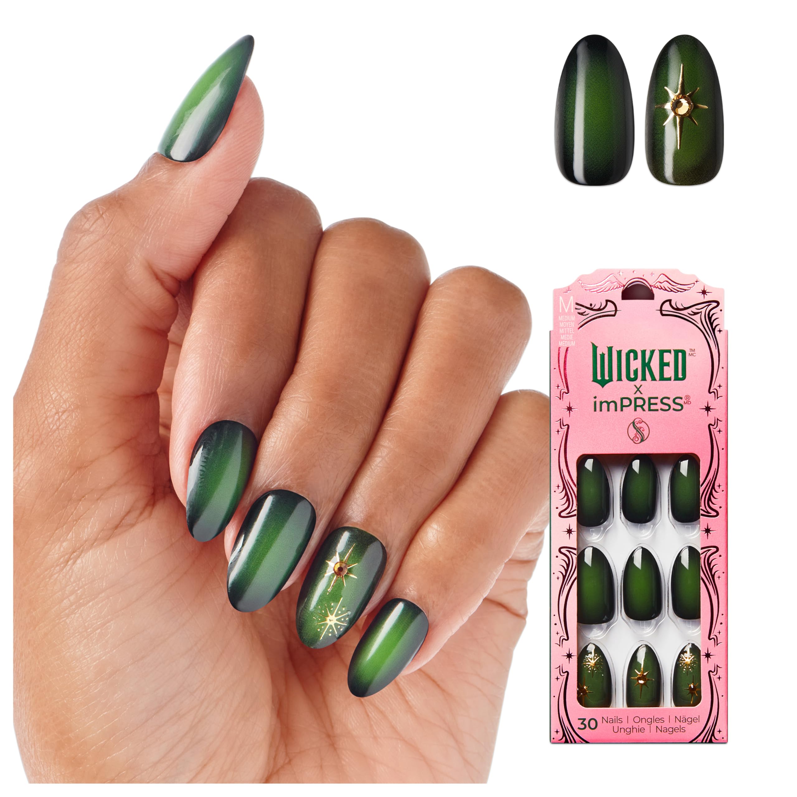 WICKED X imPRESS Press On Nails, ‘Elphaba Thropp’, Green, Medium Almond ...