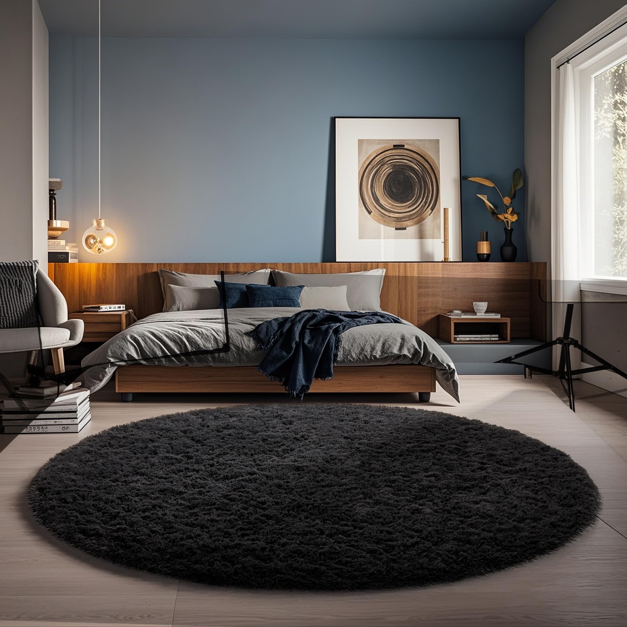 Ophanie Round Rug 5Ft Black Circle Area Rug, Room Decor for Men, Fluffy ...