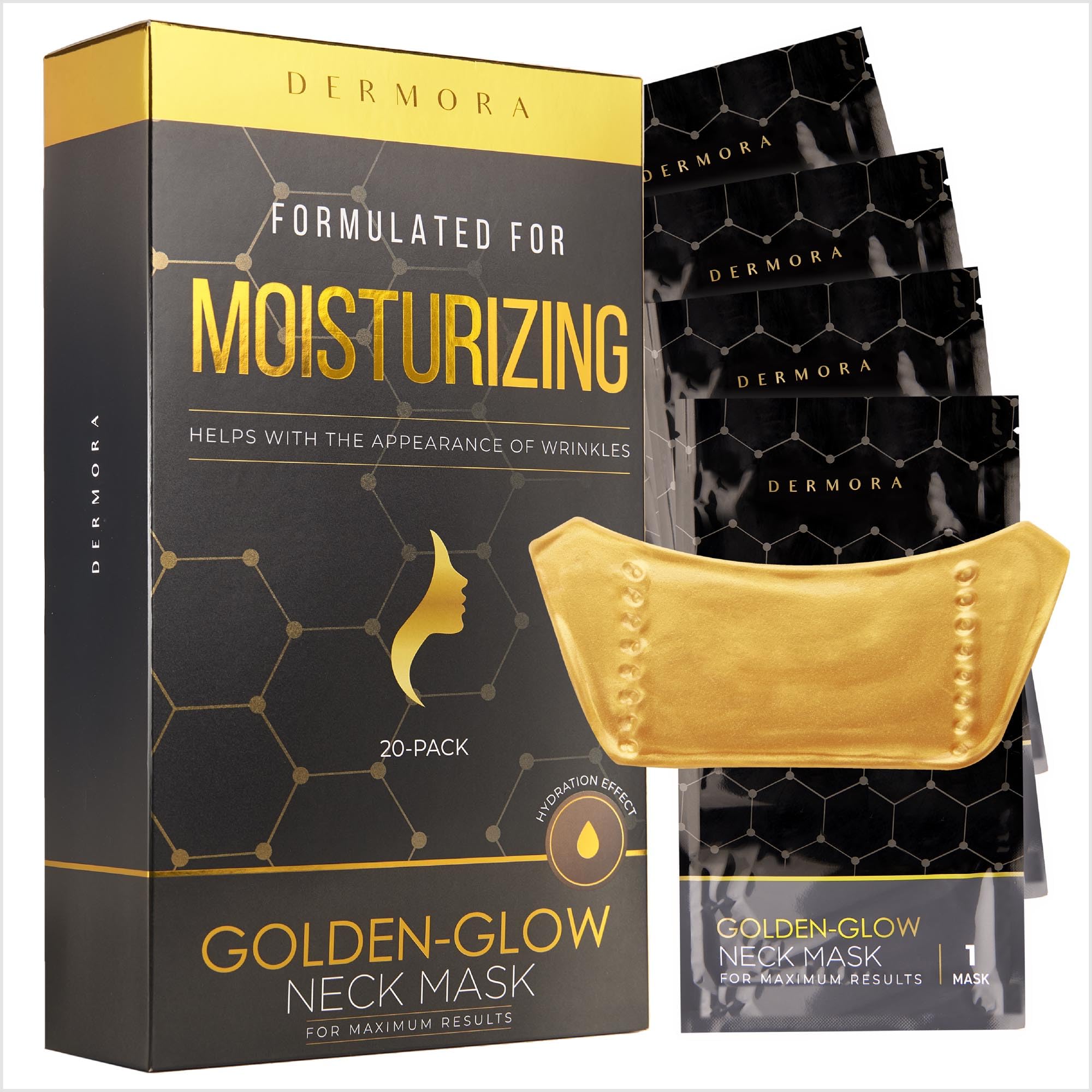 DERMORA Skin Treatment Mask Golden Glow Neck Mask - 20 Pack Neck Gel Masks - Rejuvenating Neck ...