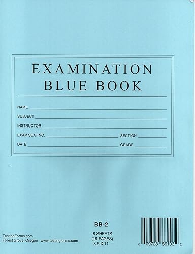 TestingForms.com 8.5" x 11" Examination Blue Book 8 Sheets 16 Pages 10 ...
