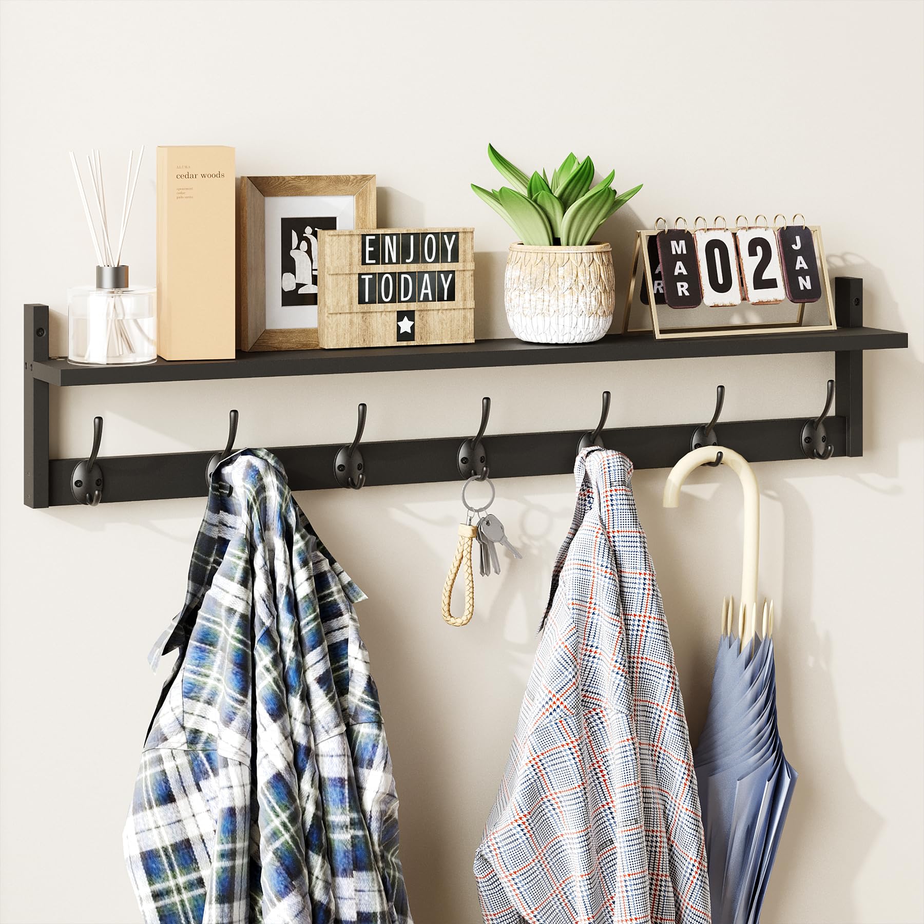 BAMEOS Wall Hooks with Shelf 35 Inch Length Entryway Wall Hanging Shelf ...