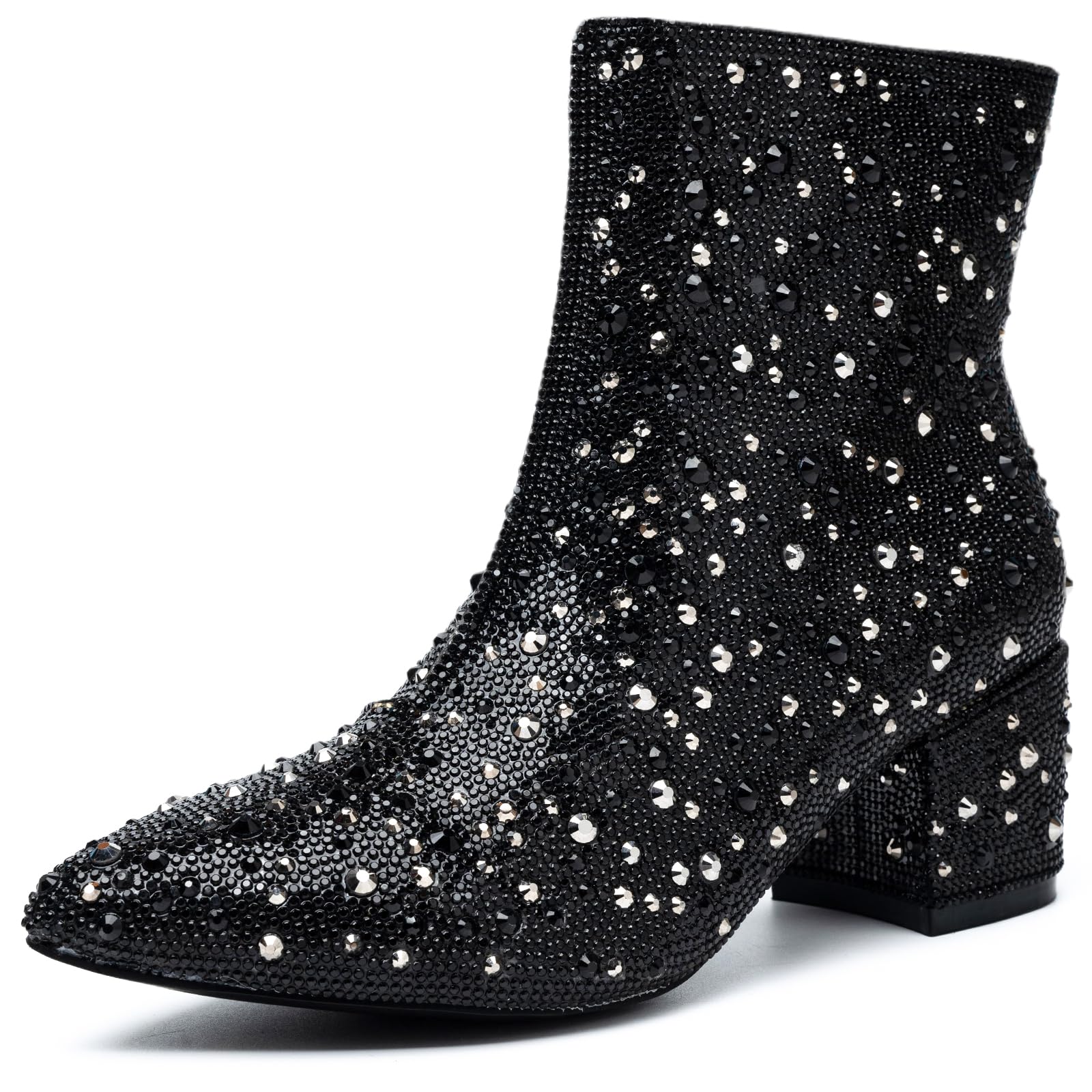 YAYONE Rhinestone Zipper Sparkly Ankle Boots, Glitter Pointed Toe ...