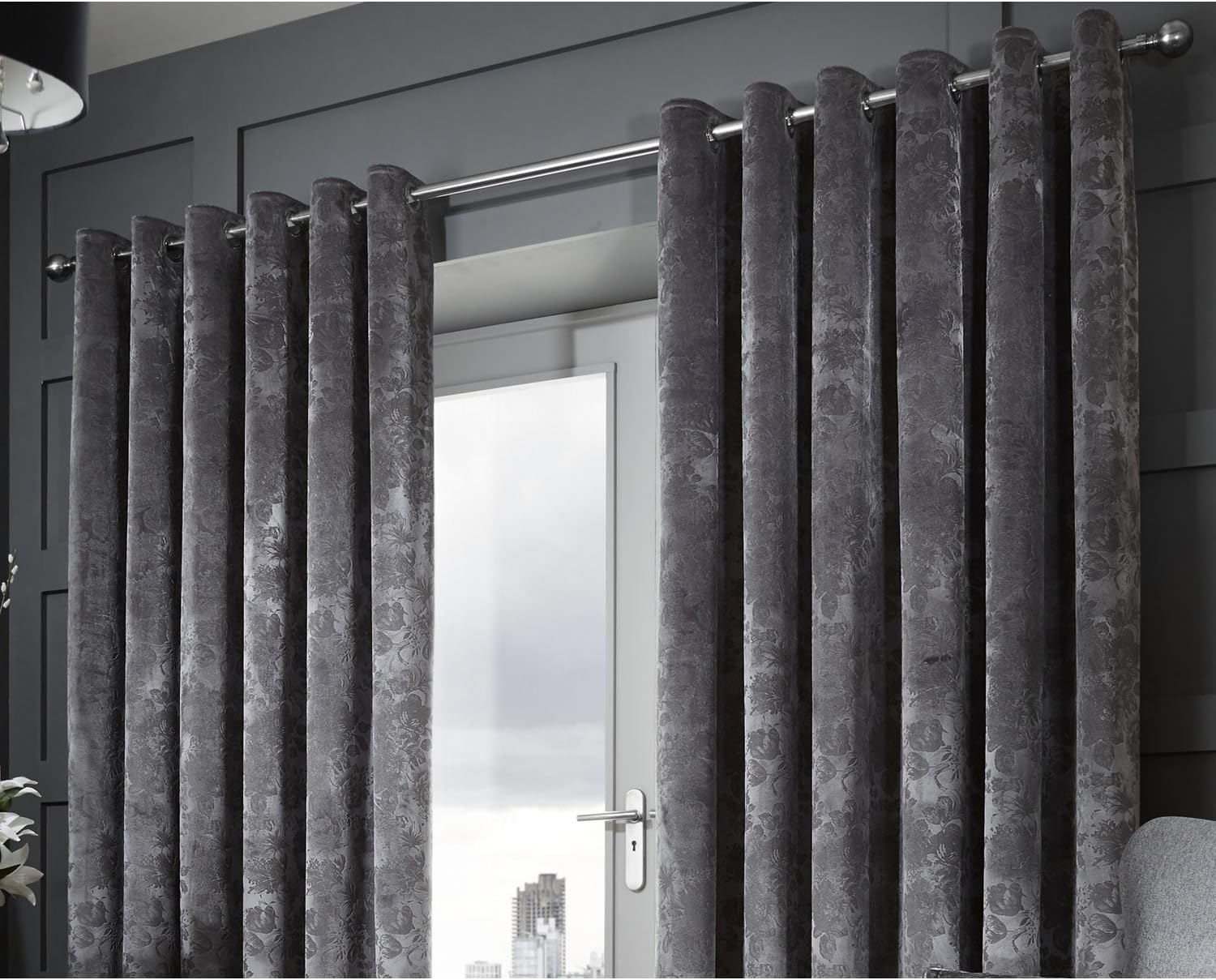 Curtina Downton Jacquard Damask Eyelet Lined Curtains, Graphite, 90 x ...