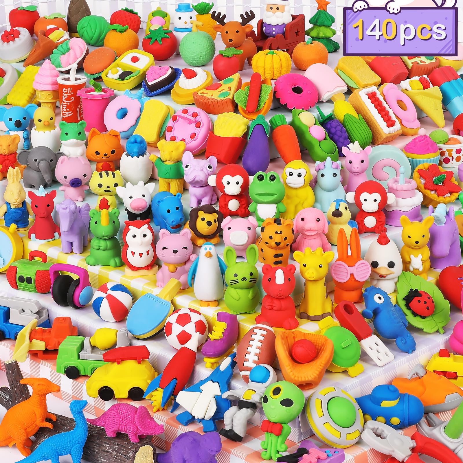 Arscniek 140 Pack Animal Erasers for Kids Bulk, Cute Desk Pets Treasure ...