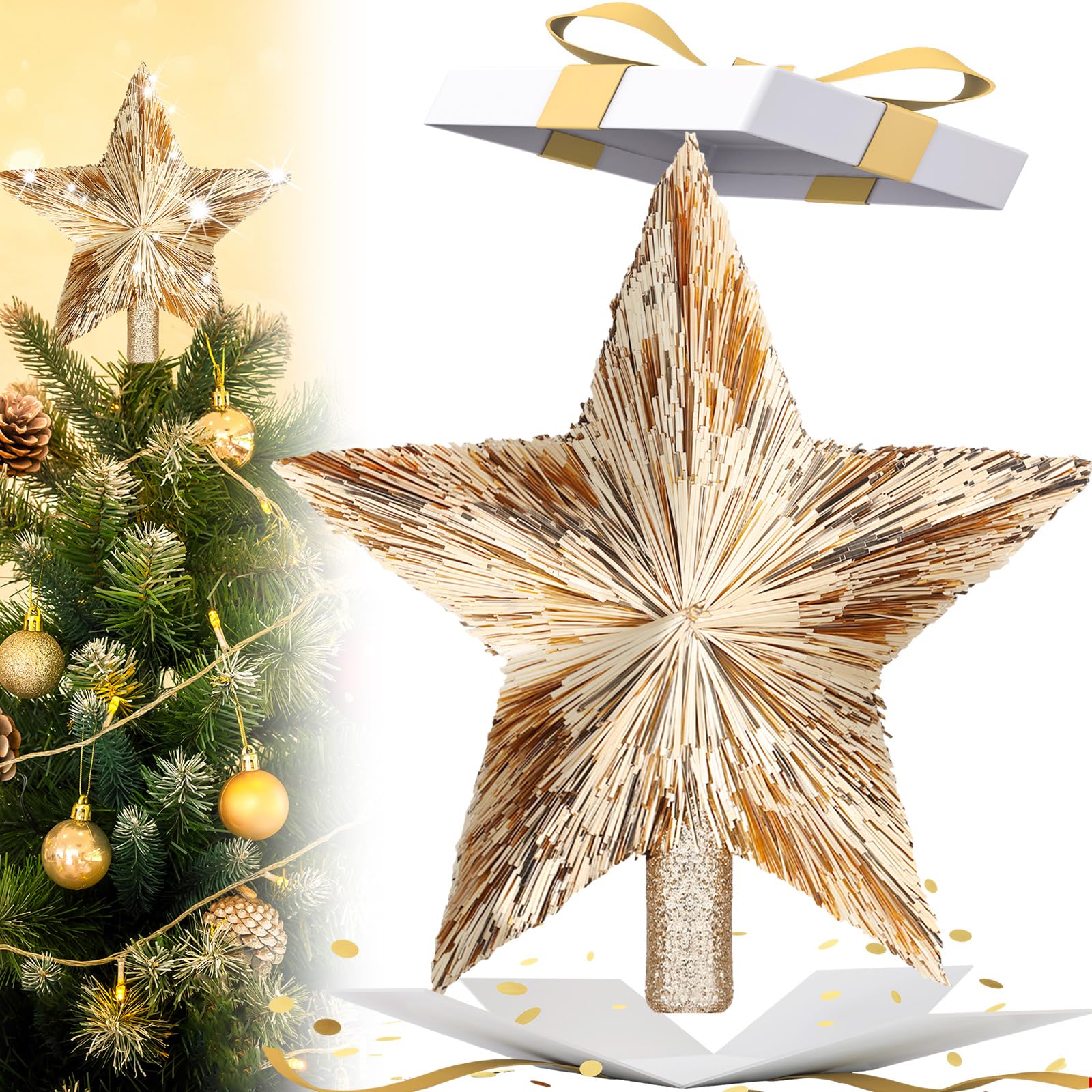 Gejoy 8.6 Inch Christmas Star Tree Topper Champagne Gold Star Tree ...