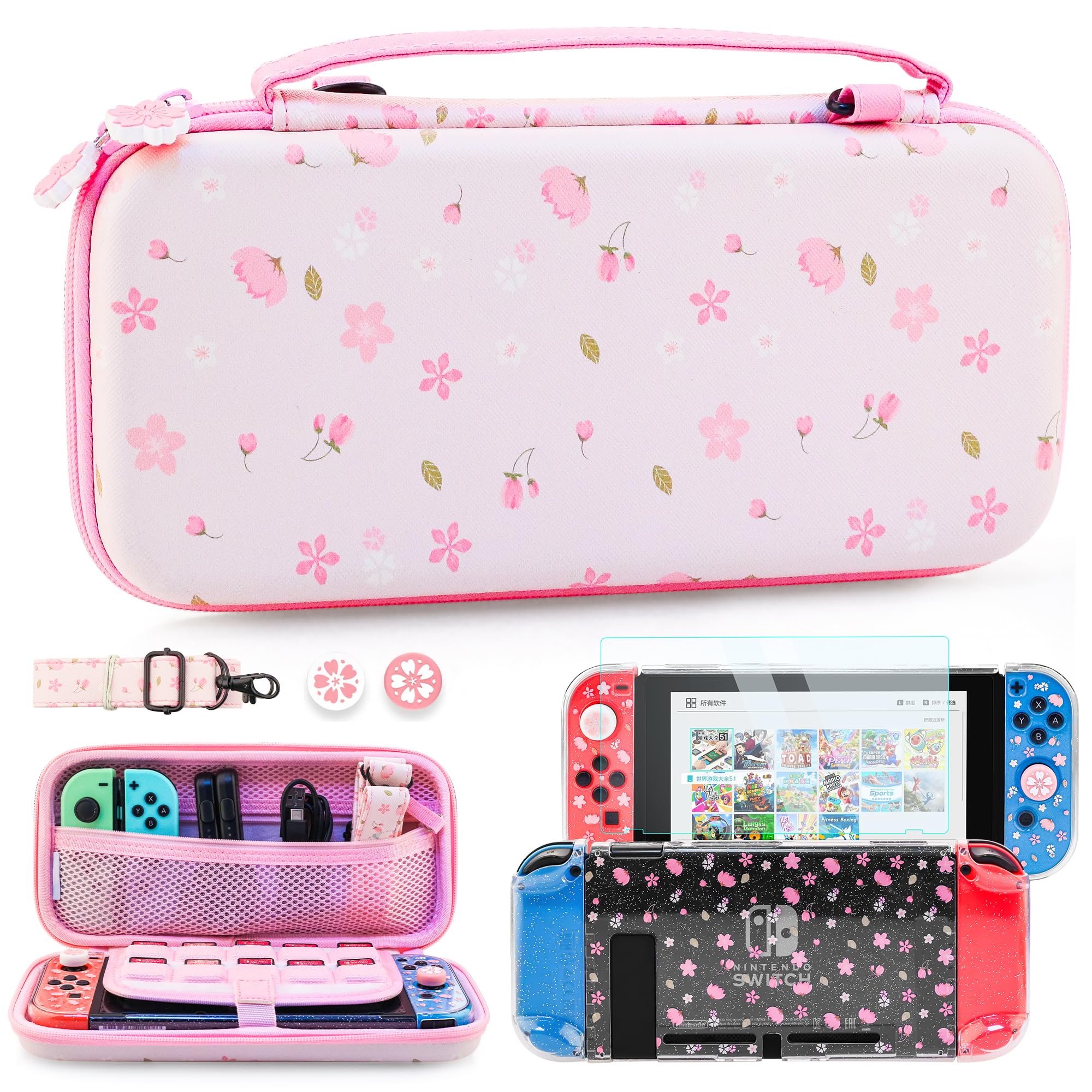 RHOTALL Sakura Pink Carrying Case Set for Nintendo Switch, Cute Cherry ...