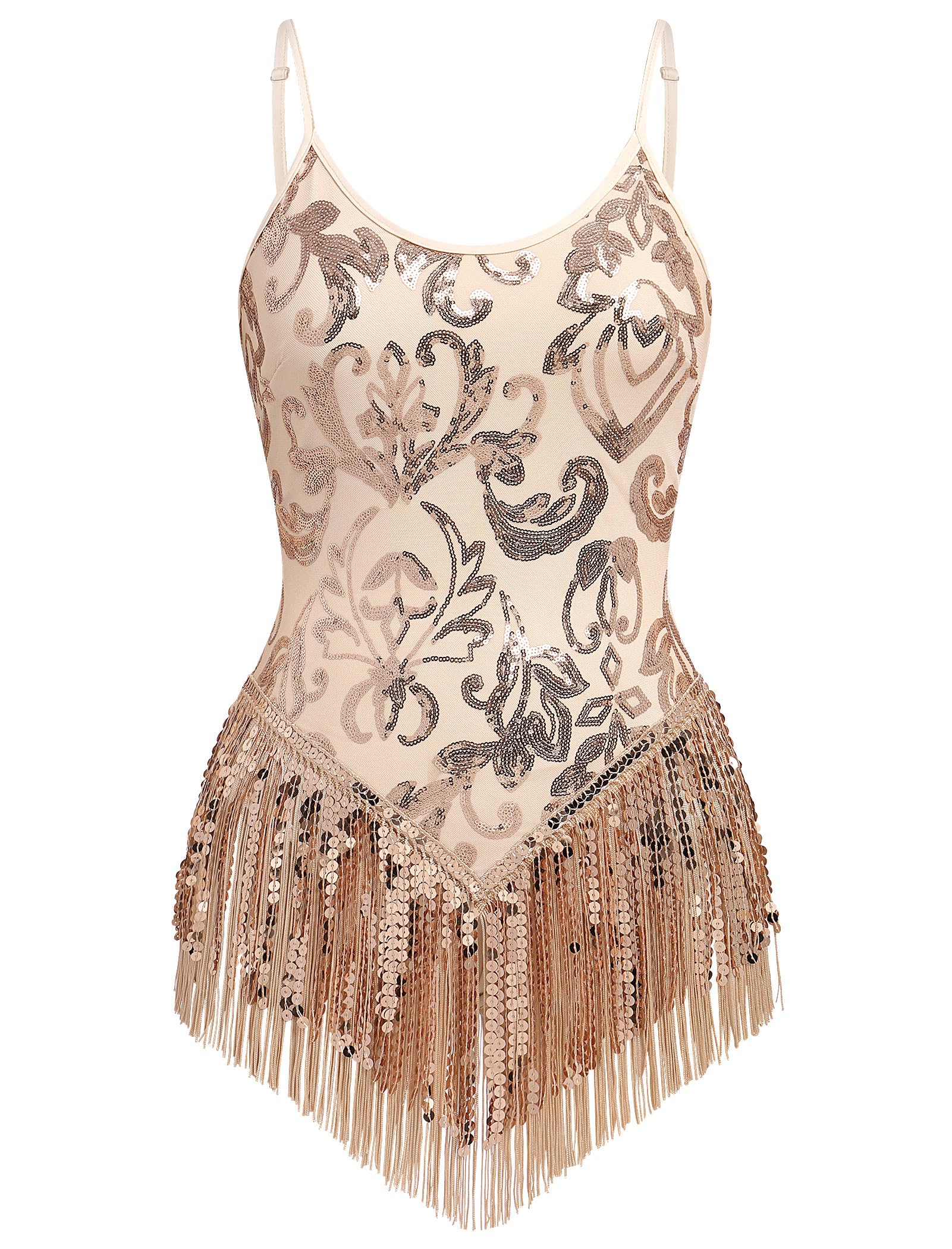 IBAKOM Women Sexy Shiny Sequins Fringe Bodysuit Sparkly Tassel Latin ...