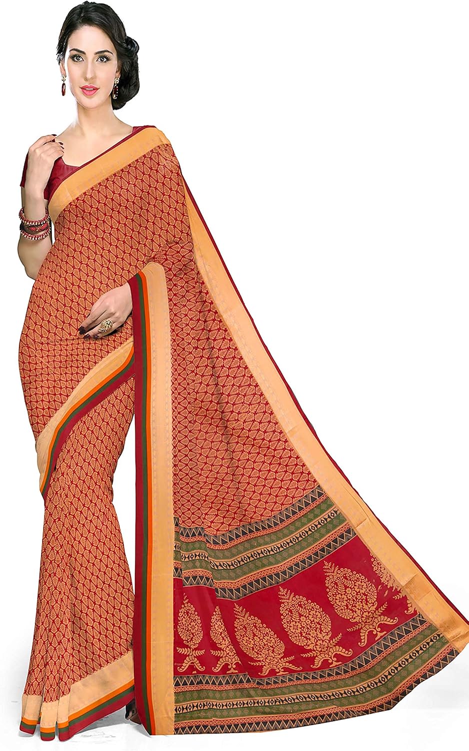 Buy MINU Women's Printed Cotton Saree KUSUM_7117 Red. at Amazon.in