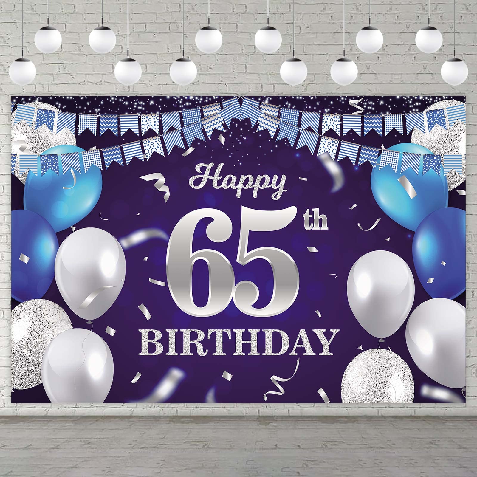 Happy 65th Birthday Banner Backdrop Navy Blue Balloons Confetti Stripe ...