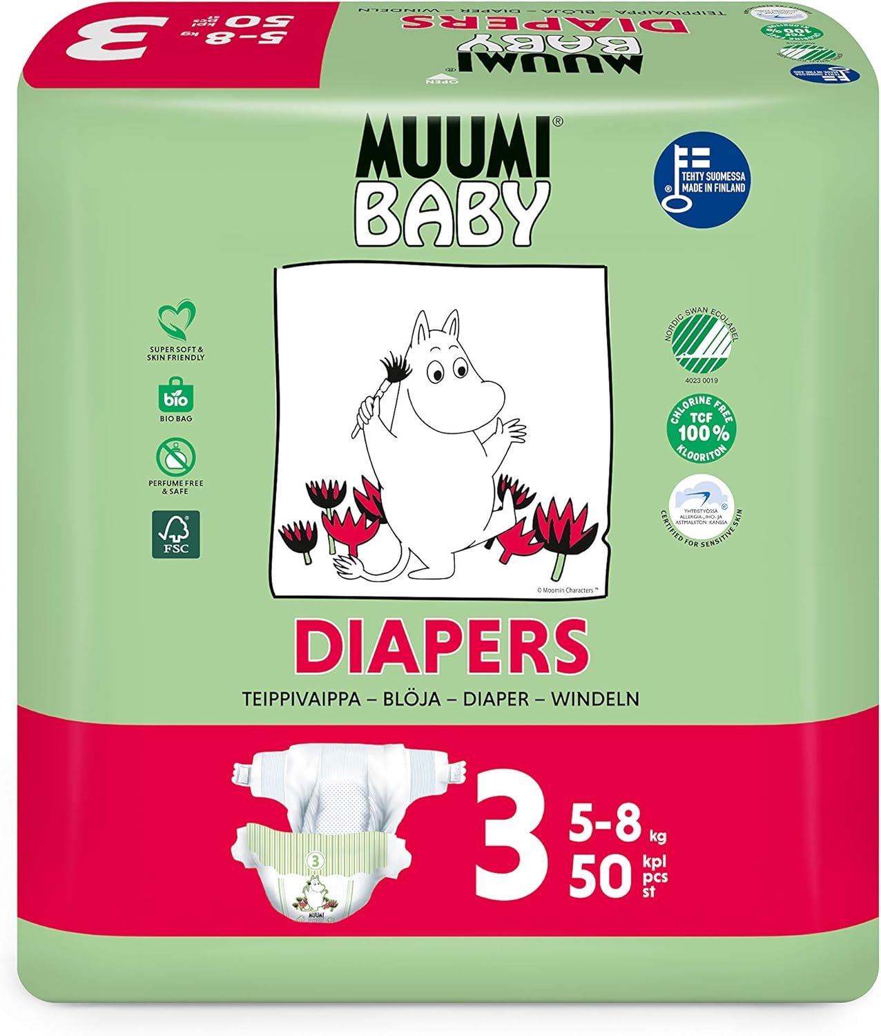 Muumi Baby Eco Nappies Size 3, 5-8 kg, 50 Sensitive Premium Nappies ...