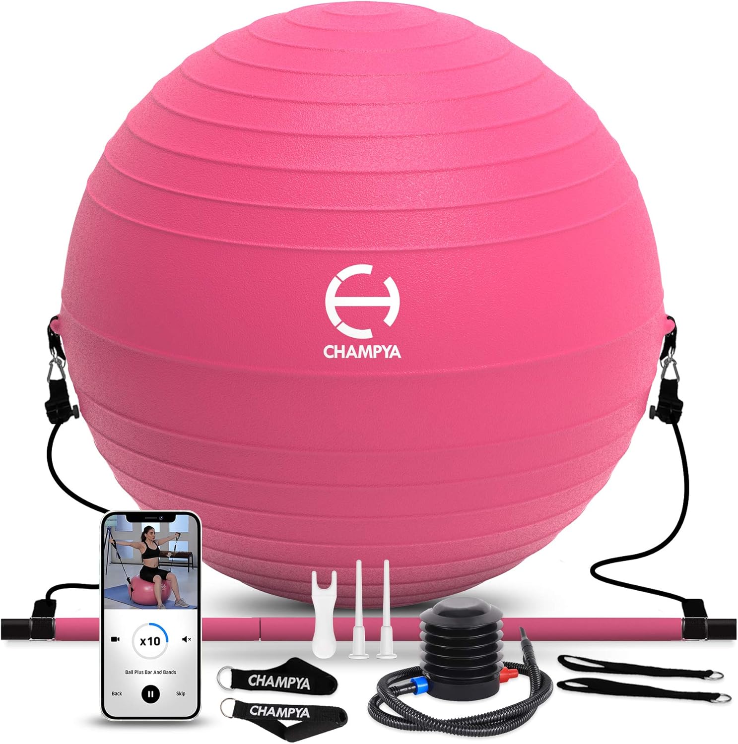 CHAMPYA Exercise Ball (65 cm) with Ball Pump, Pilates Bar, Resistance ...