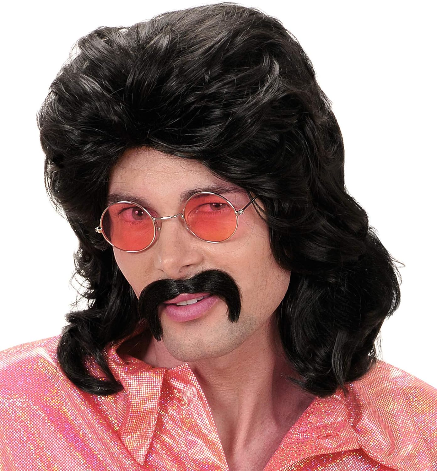 BLACK Mens 70s MAN WIG & MOUSTACHE Accessory for 70s Disco Hippie Fancy ...