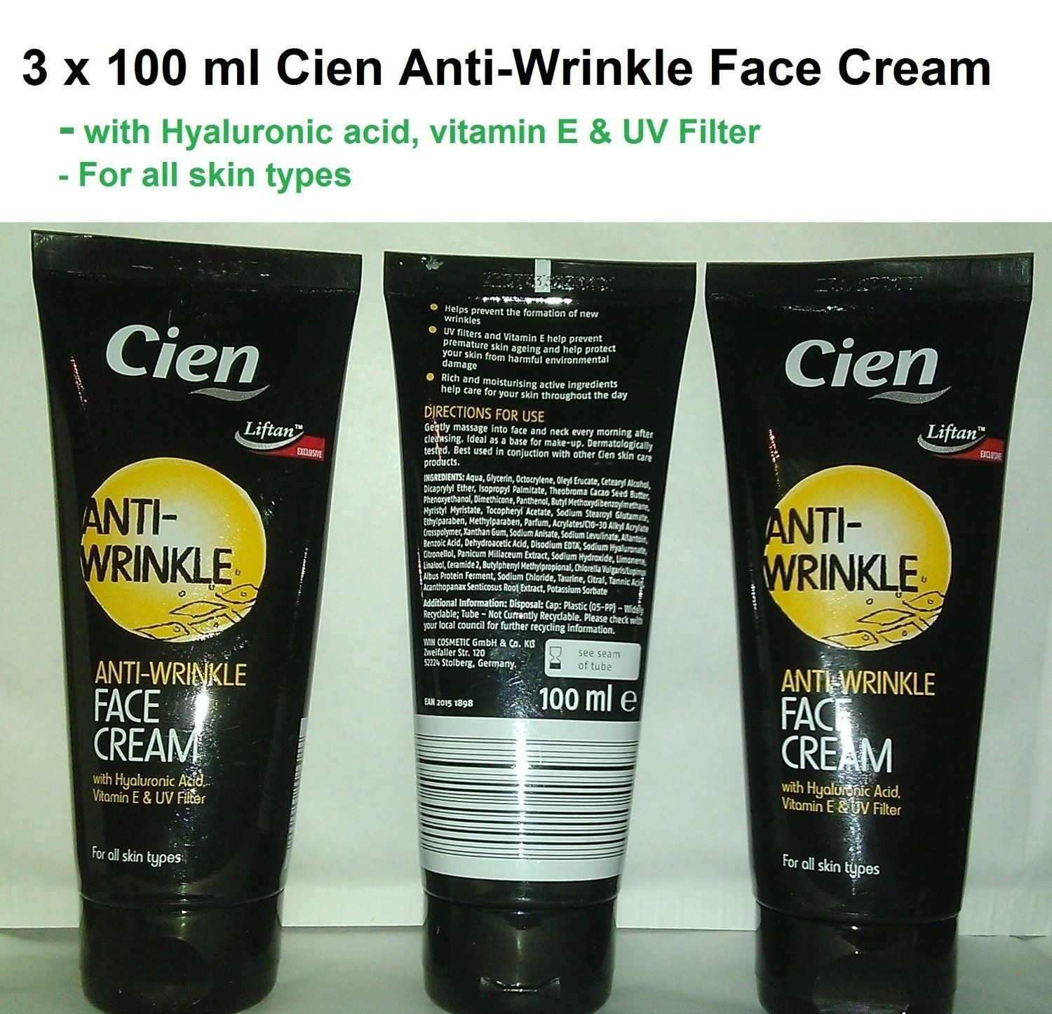 3 x 100 ml Cien Anti-Falten Face Cream, mit Hyaluronsäure, für alle ...